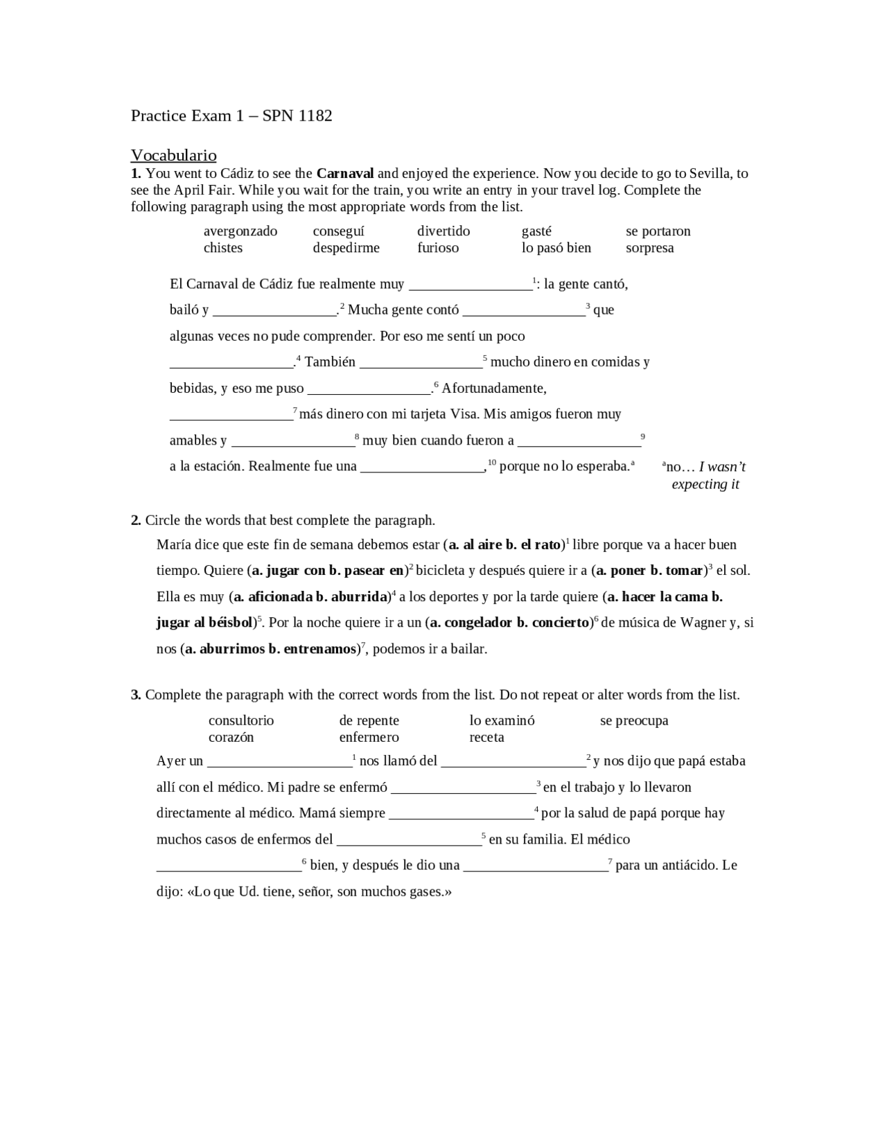 Practice Exam 1 - Beginning Spanish 1 | SPN 1182 - Docsity