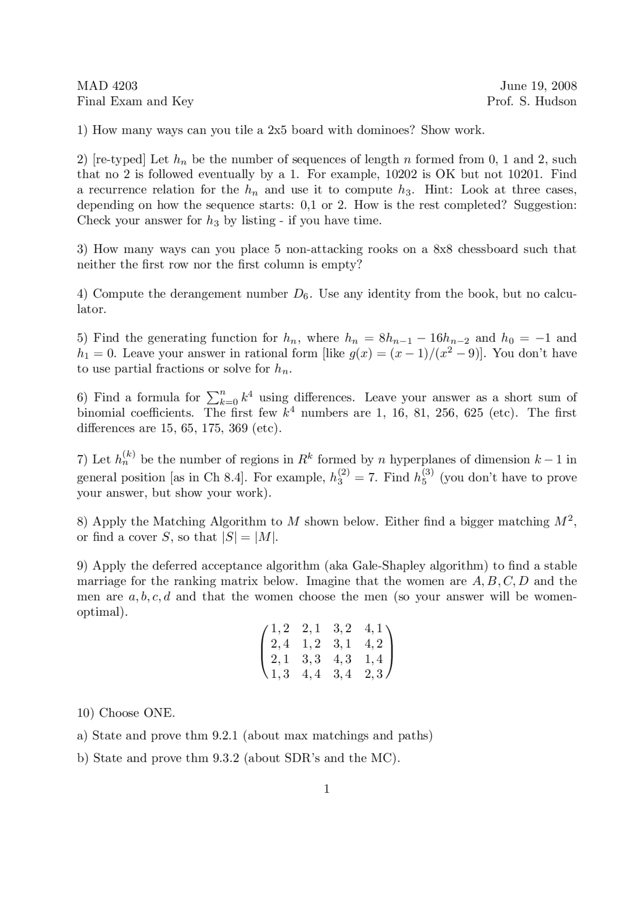 Final Exam Fall 2008 Introduction To Combinatorics Mad 4203 Docsity
