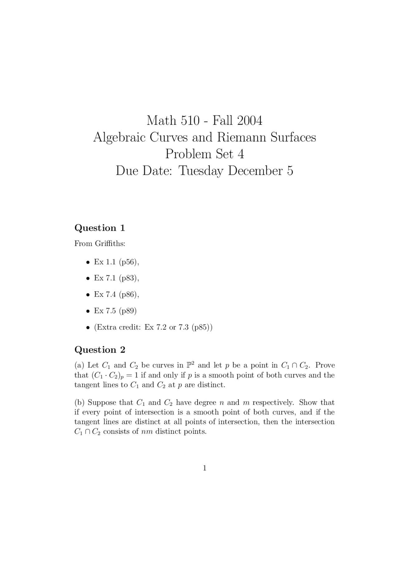4 Questions On Riemann Surfaces And Algebraic Curves Math 510 Docsity