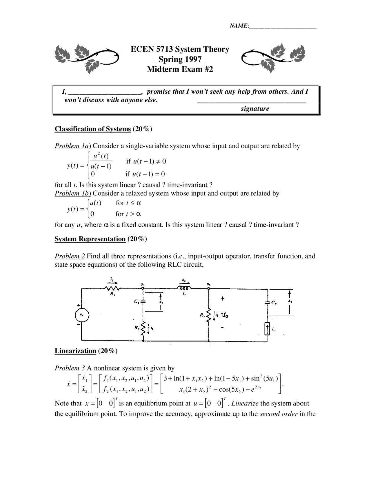 Midterm Exam 2 System Theory Linear Systems Ecen 5713 Docsity
