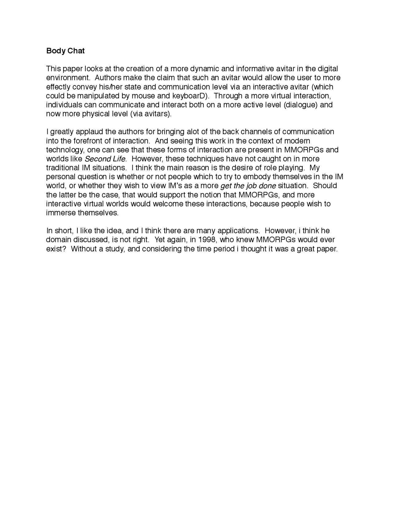 Body Chart and the Digital Identity - Assignment | CS 598 - Docsity