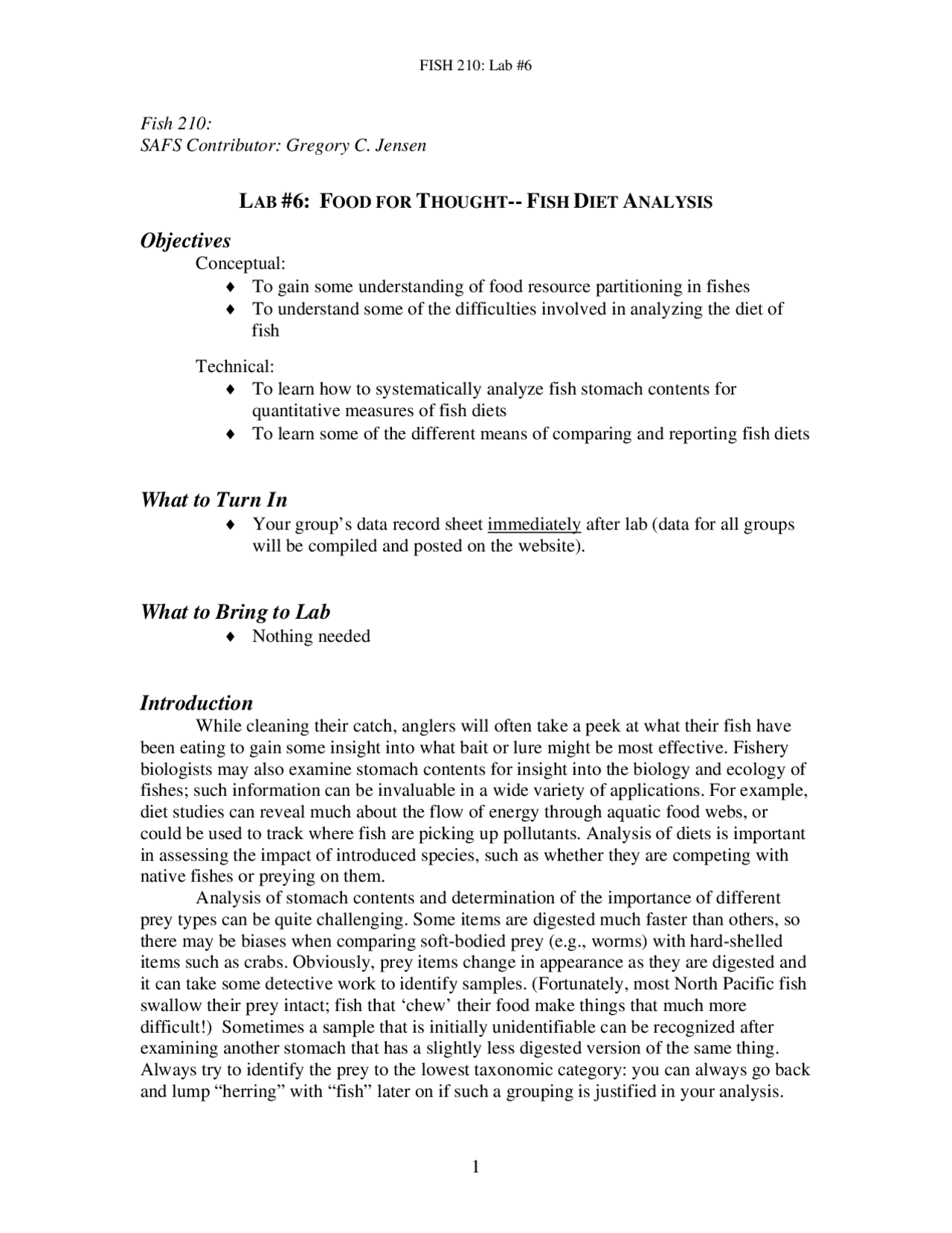 Lab 6: Food for Thought Fish Diet Analysis - Fish Theory and Methods ...