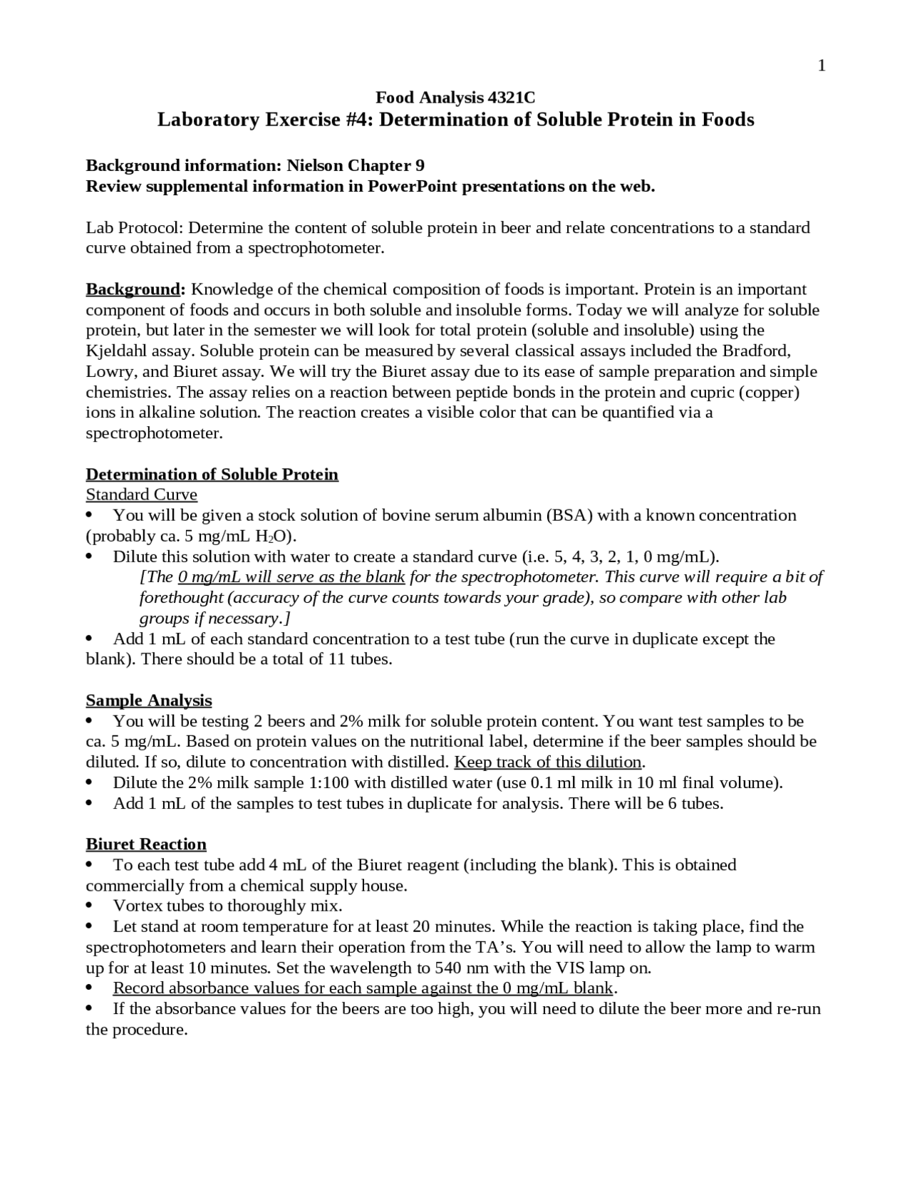 Determination of Soluble Protein in Foods - Laboratory Exercise #4 | FOS 4321 - Docsity