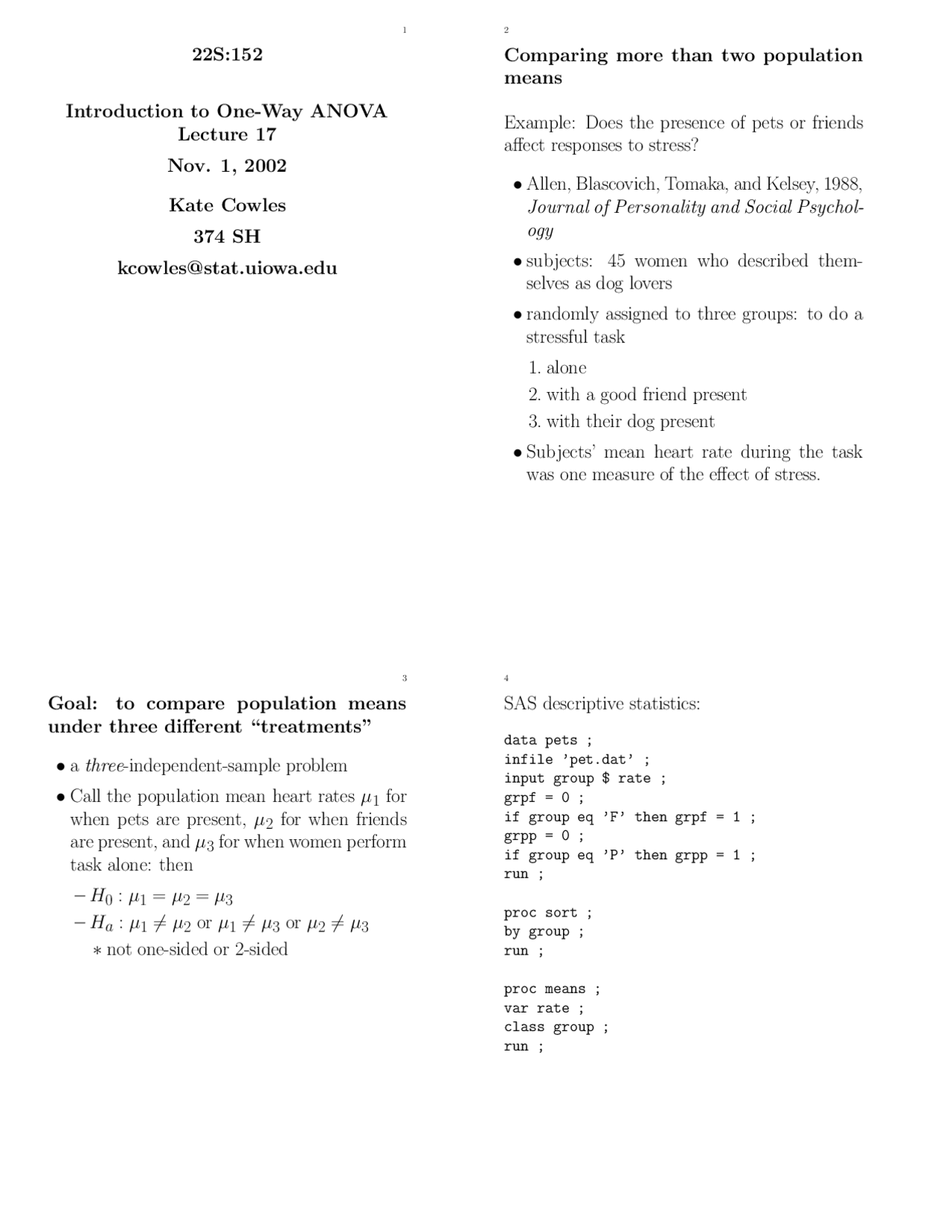 Comparing more than Two Population Means - Lecture Slides | 22S 152 - Docsity