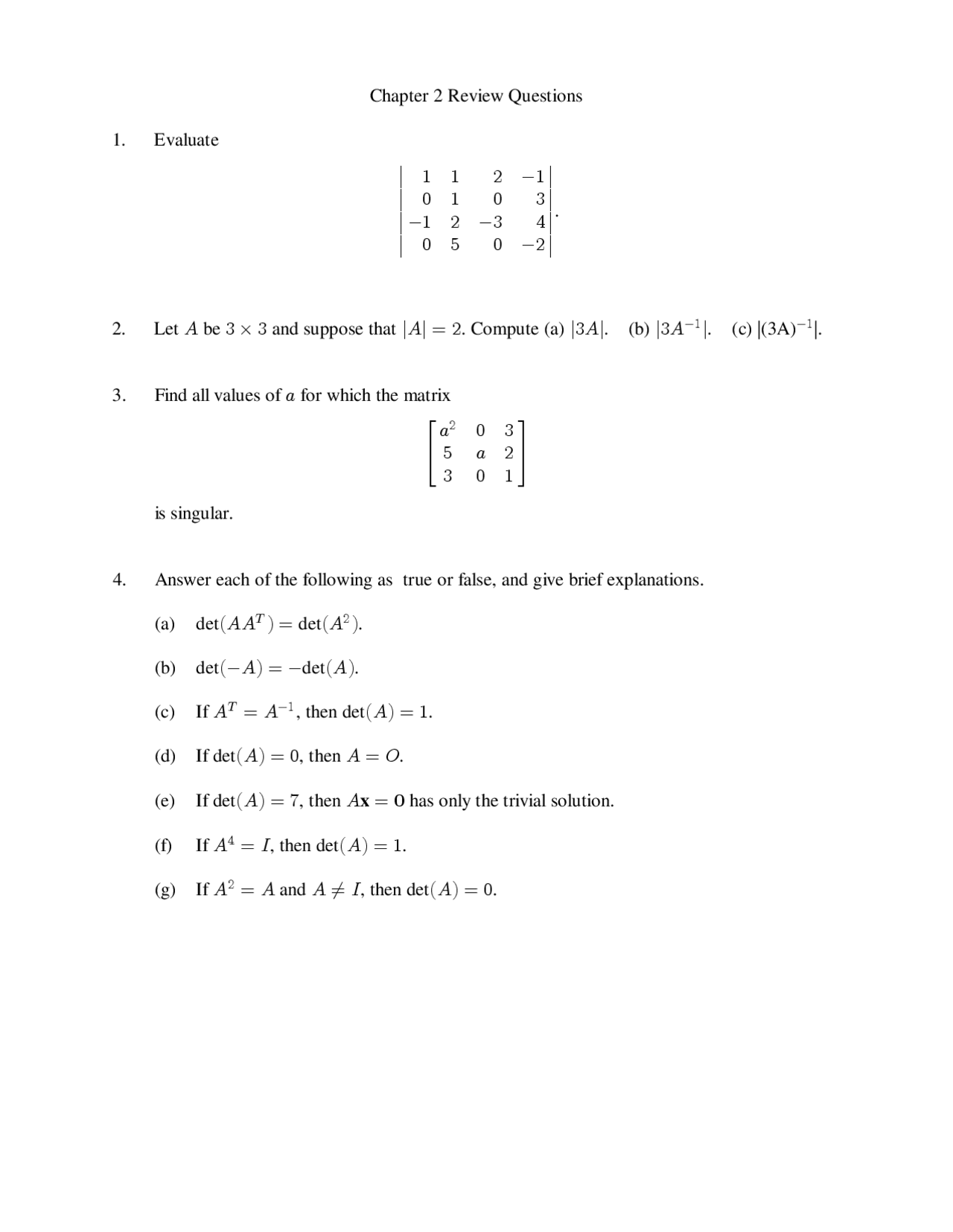 4 Questions Of Introduction To Linear Algebra Review Sheet Ma 405