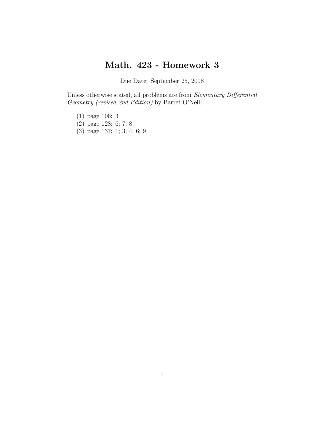 Homework 3 Differential Geometry 2008 Math 423 Docsity