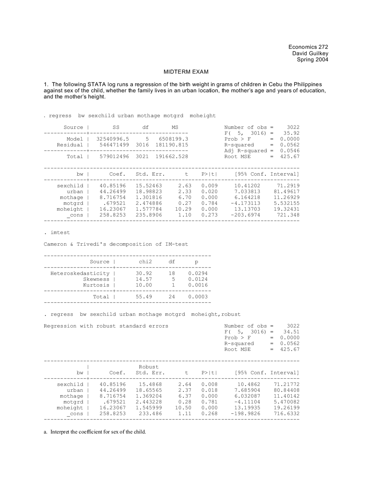 Midterm Exam Spring 2004 Econometrics Econ 771 Docsity