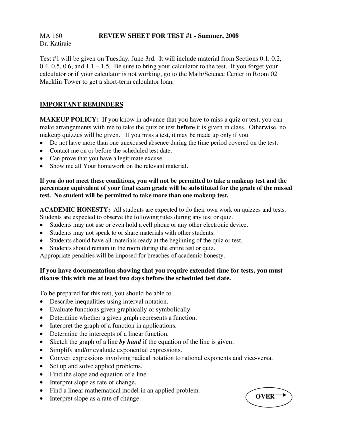 Review Sheet For Test 1 Elementary Applied Calculus I Ma 160 Docsity