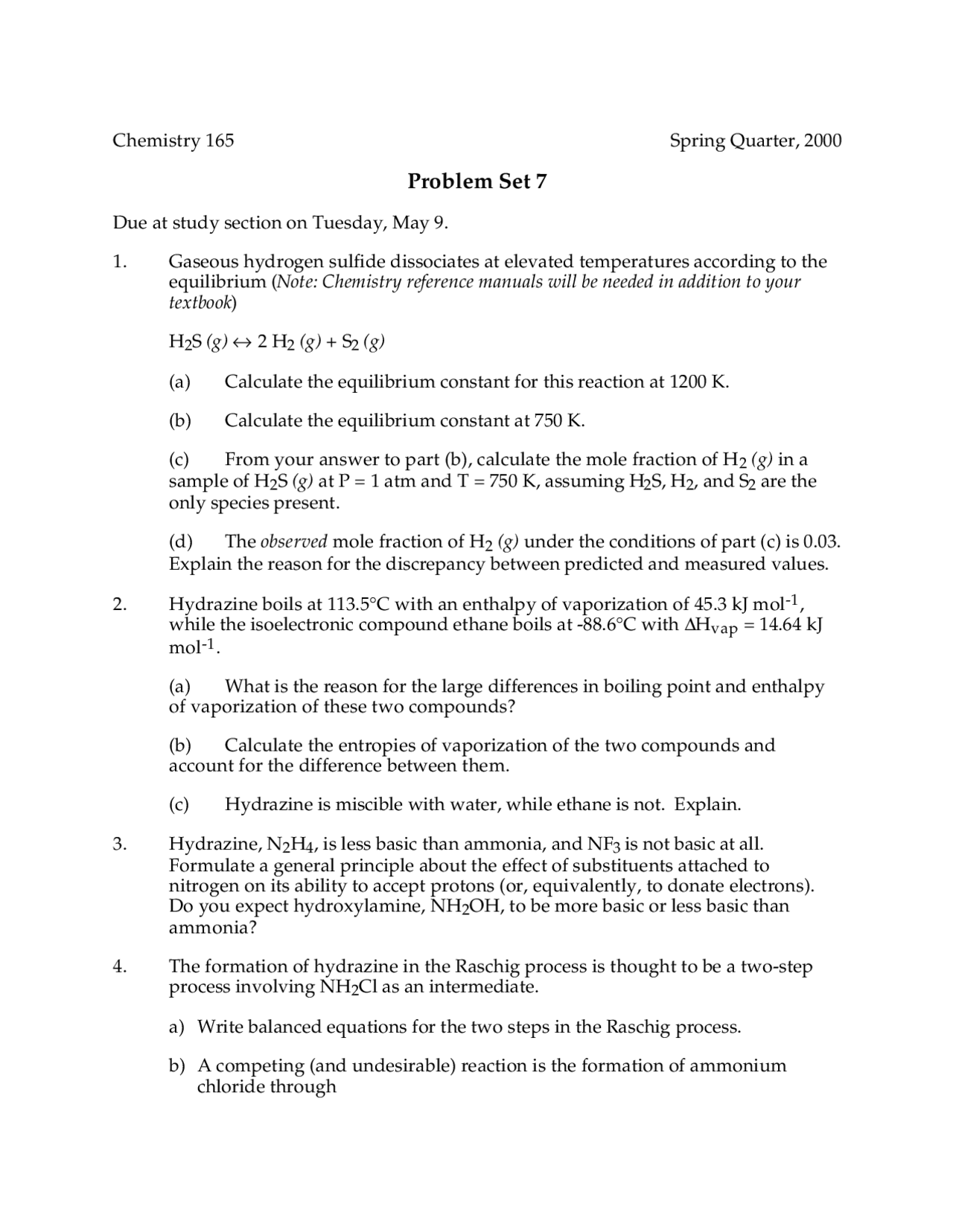 Homework Set 7 Honors General Chemistry Spring 2000 Chem 165 Docsity