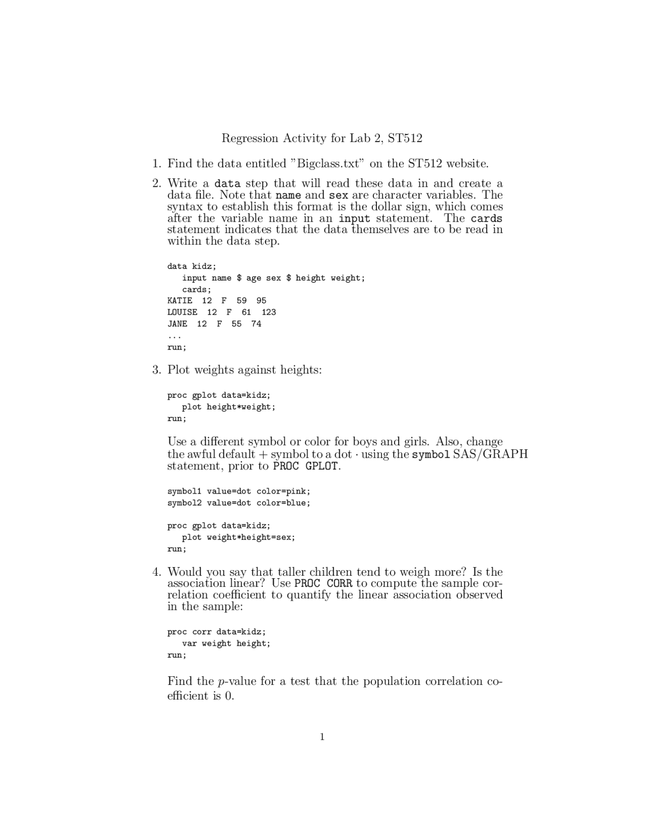 Lab 2 For Regression Activity Experimental Statistics St 512 Docsity