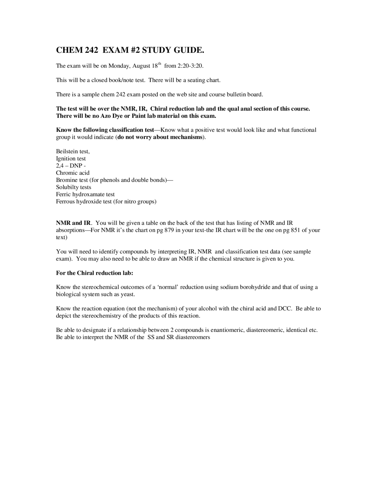 Exam 2 Study Guide - Organic Chemistry Lab | CHEM 242 - Docsity