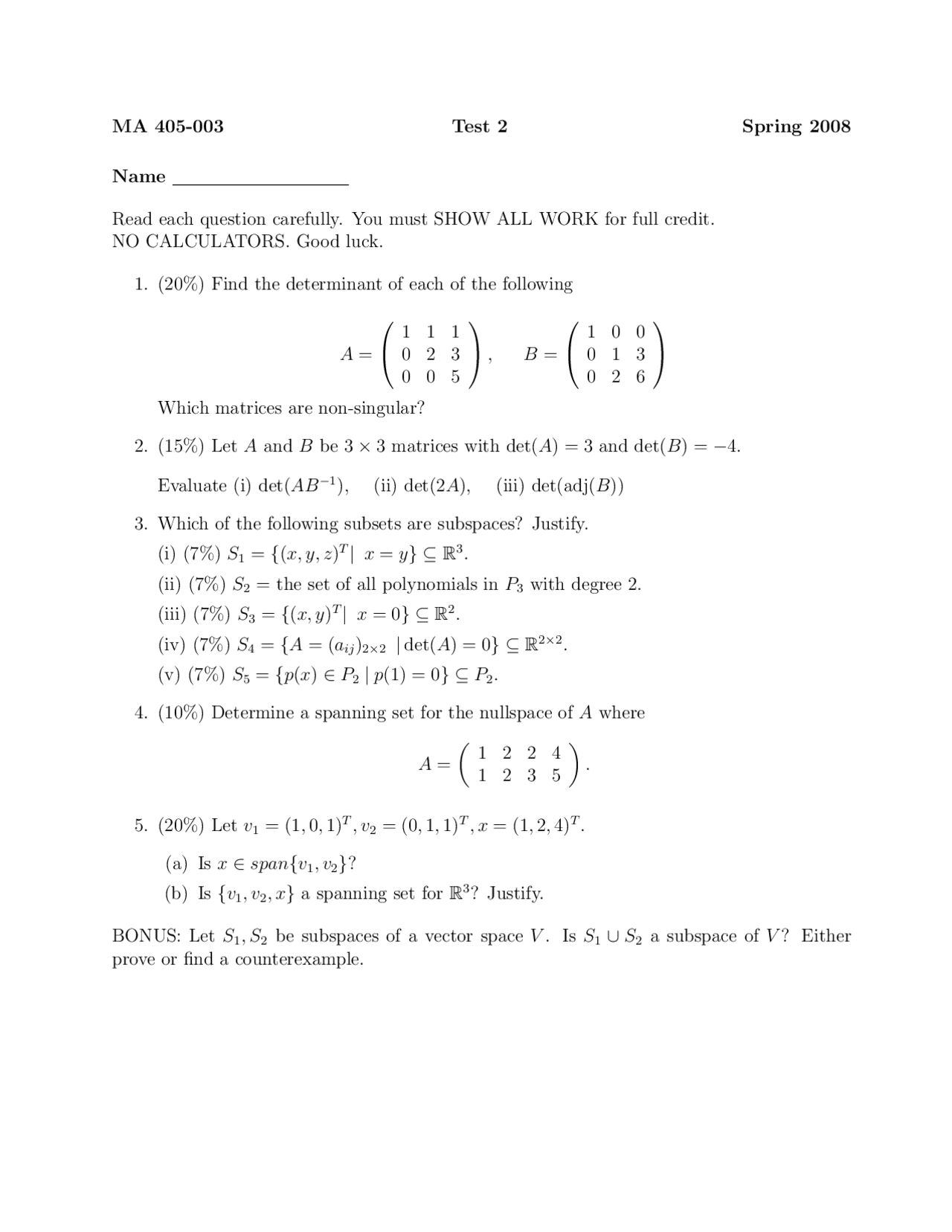 Test 2 Introduction To Linear Algebra Ma 405 Docsity