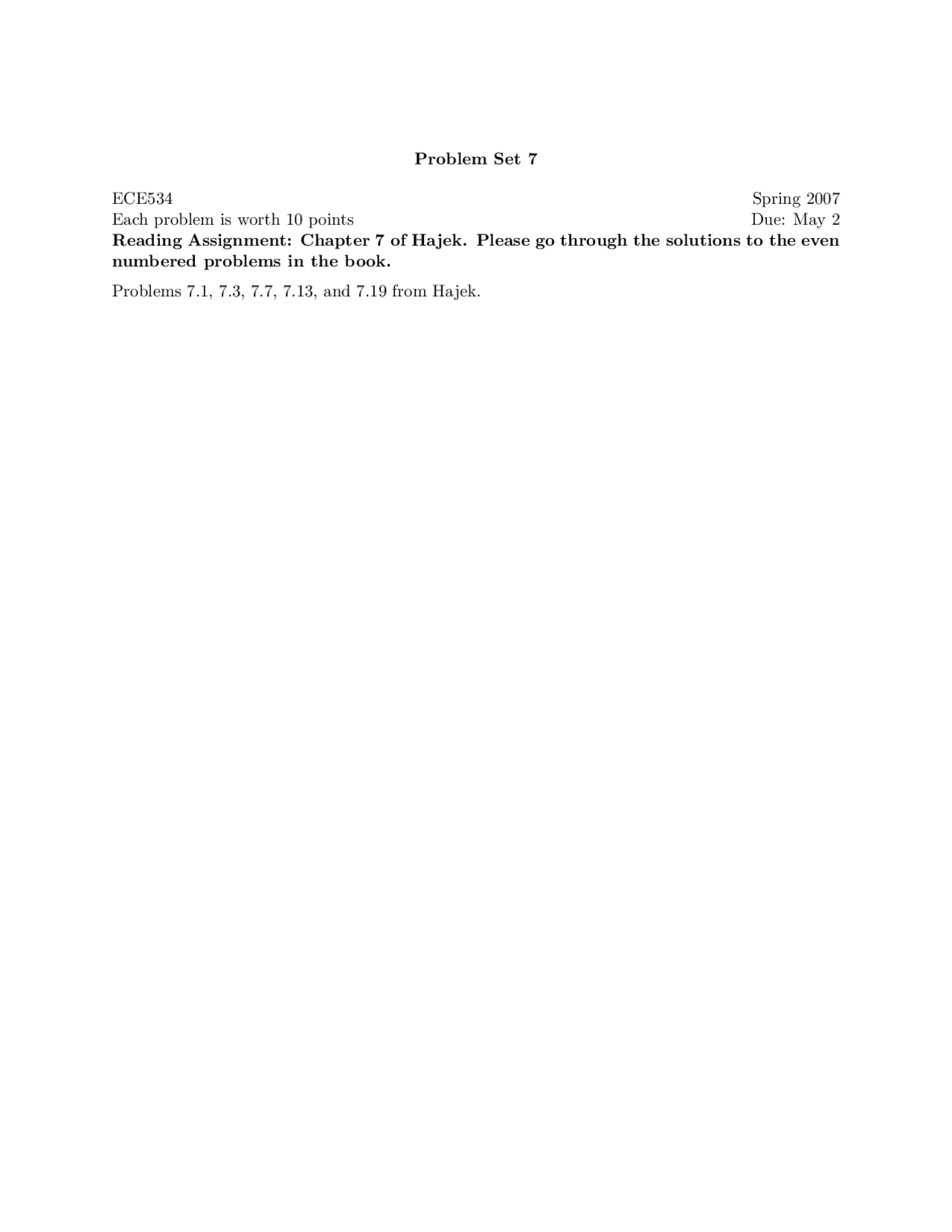 5 Problems On The Random Processes Assignment 7 Ece 534 Docsity