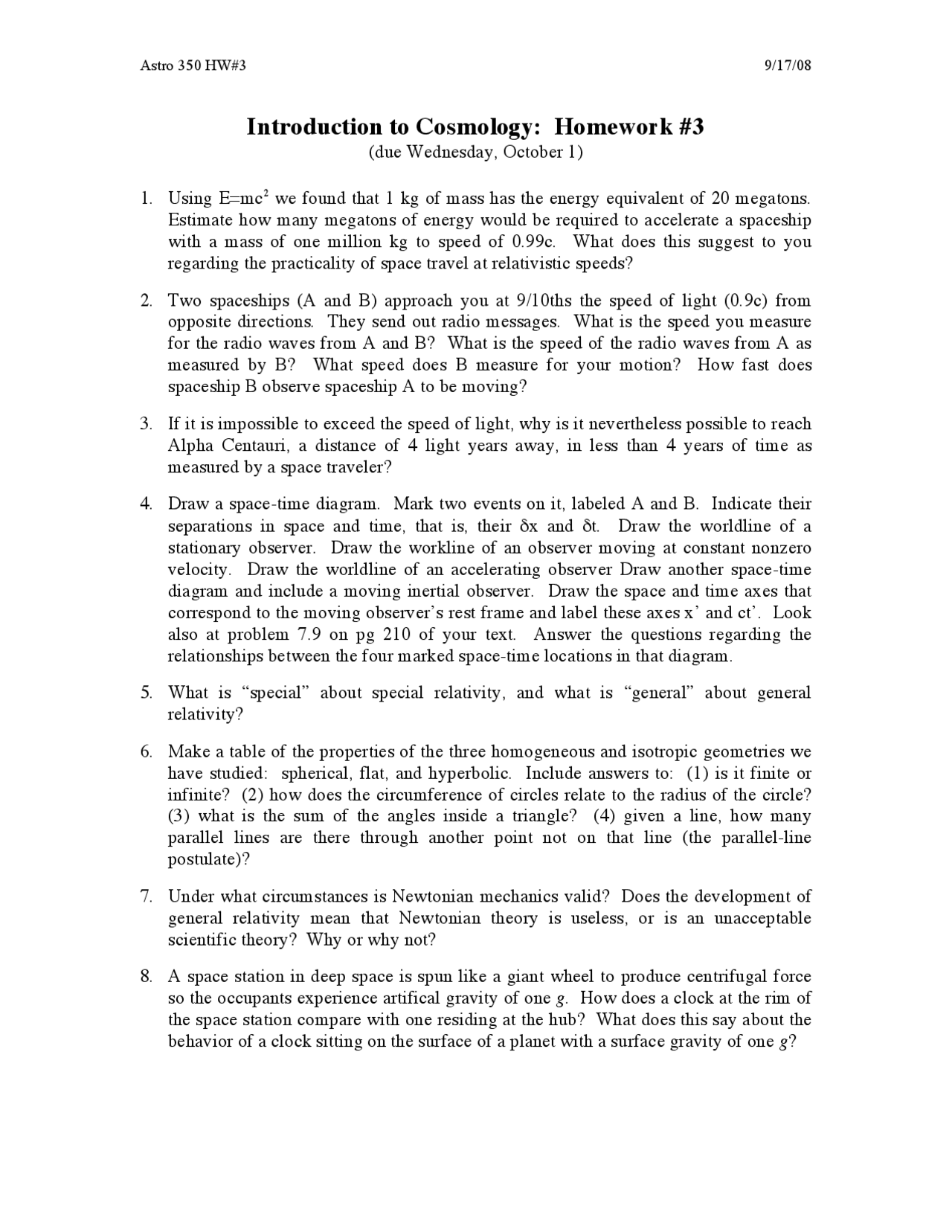 8 Problems For Homework 3 Introduction To Cosmology Astr 350 Docsity
