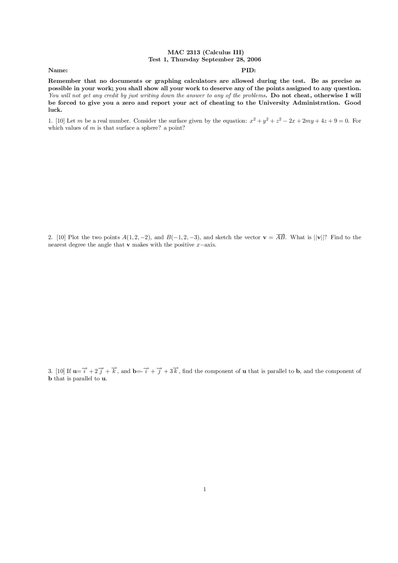 Test 1 Multivariable Calculus Mac 2313 Docsity