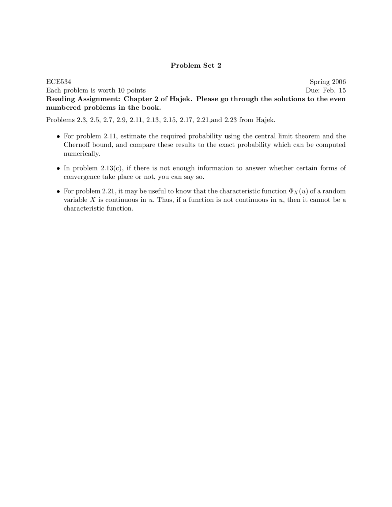 Problem Set 2 For Random Processes Spring 2006 Ece 534 Docsity