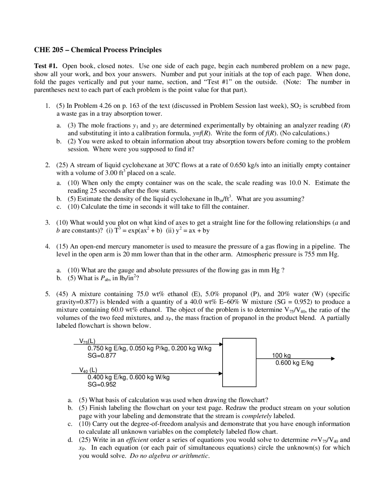 Examination 1 Chemical Process Principles Che 205 Docsity