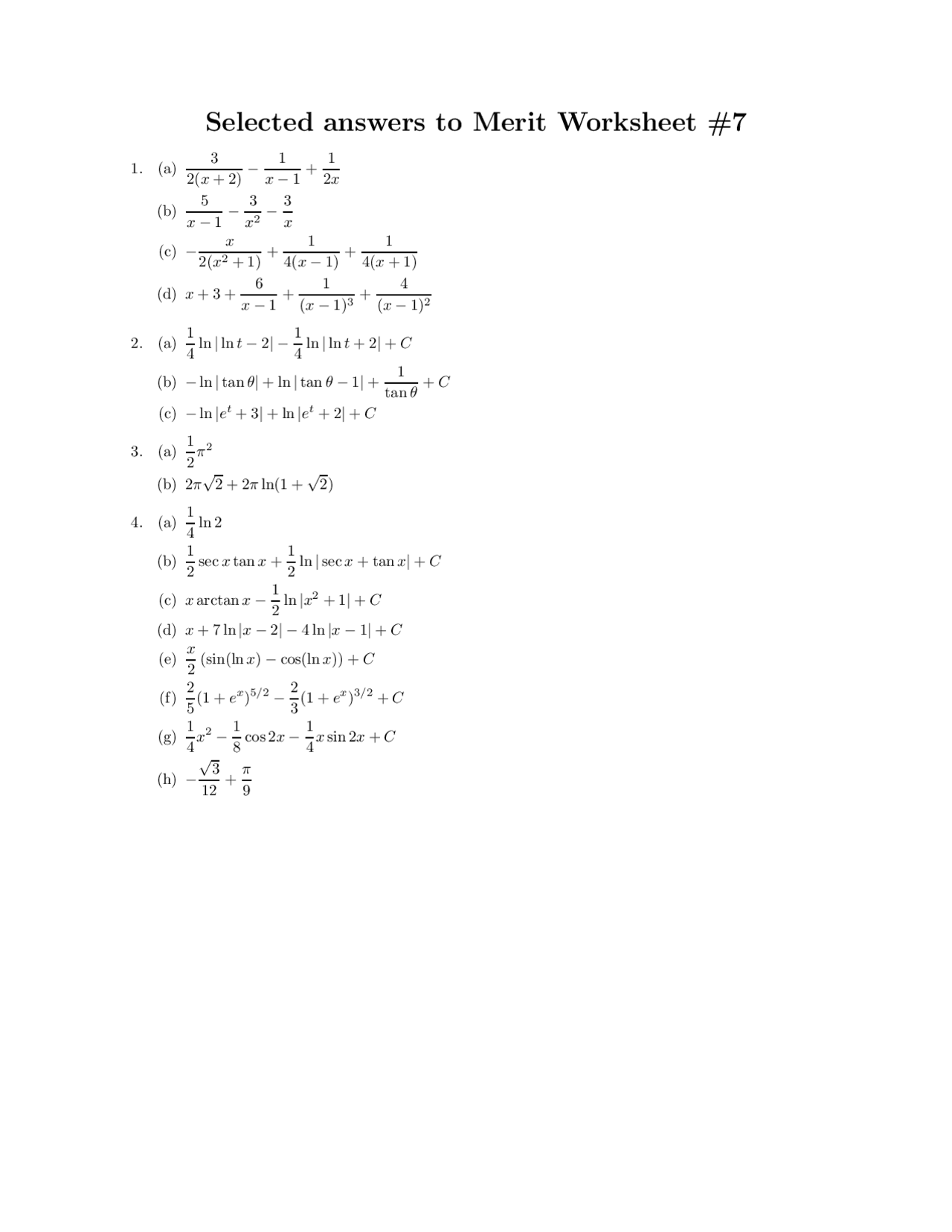Selected Answers To Merit Worksheet 7 Calculus Ii Math 231 Docsity