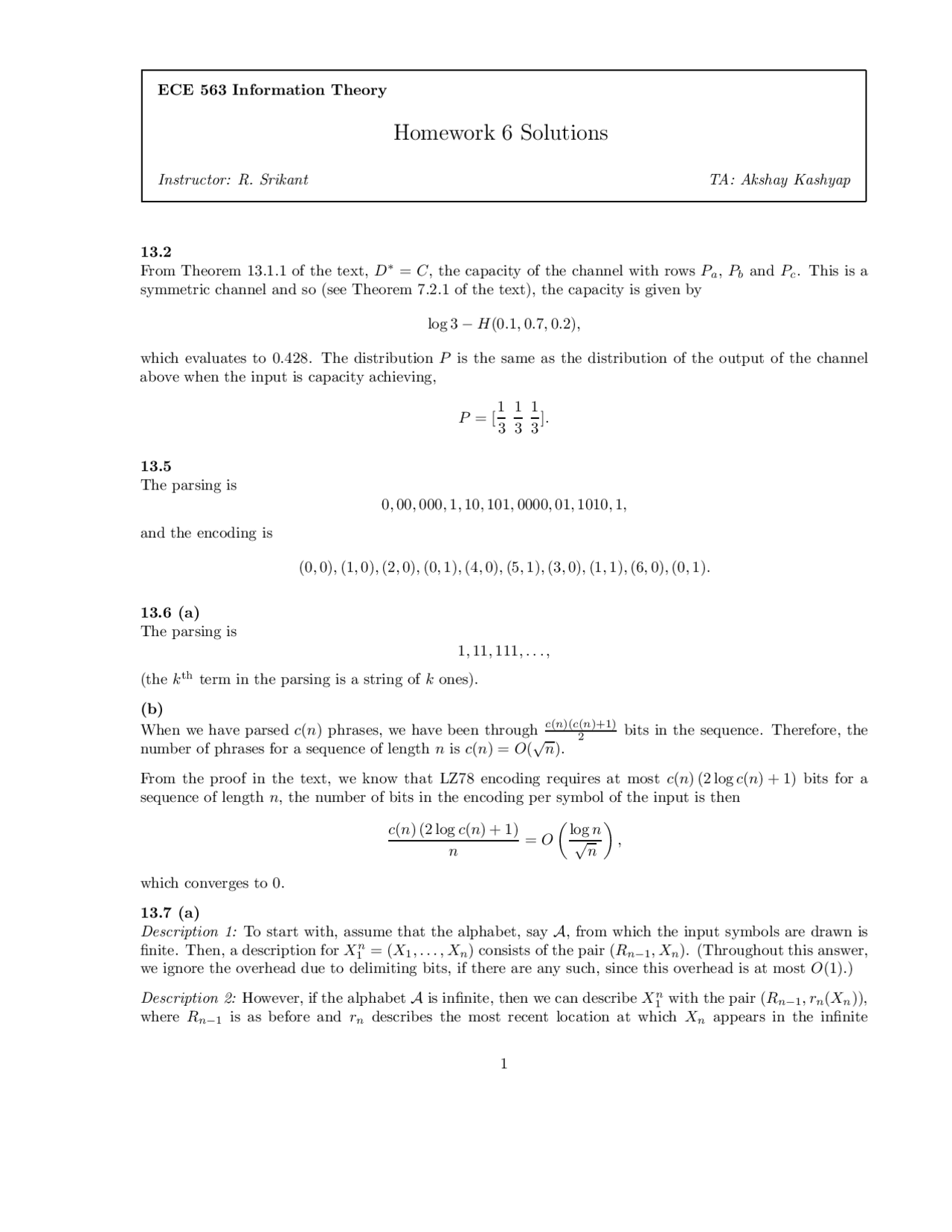 Homework 6 With Solution Information Theory Ece 563 Docsity