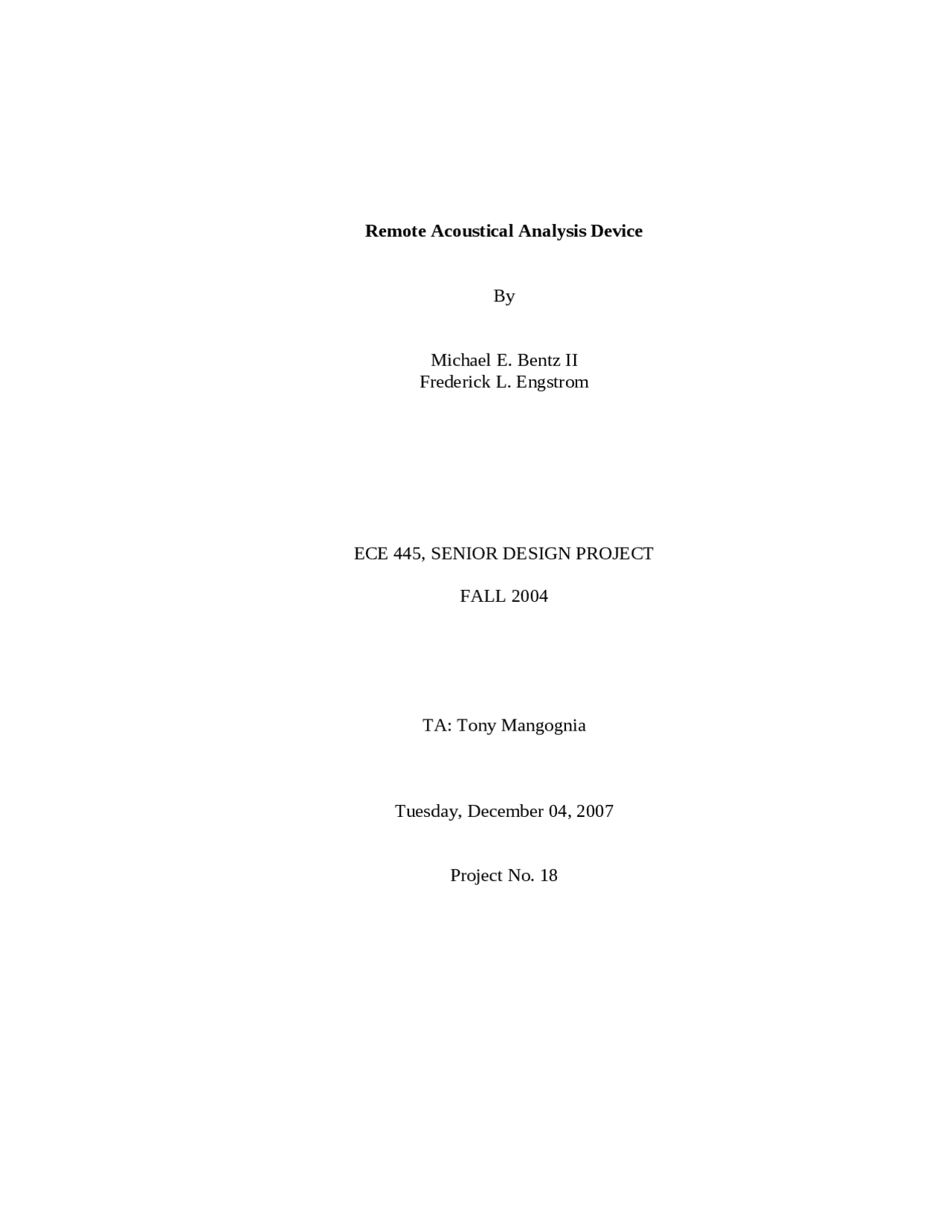 Remote Acoustical Analysis Device Senior Design Project Lab Ece 445