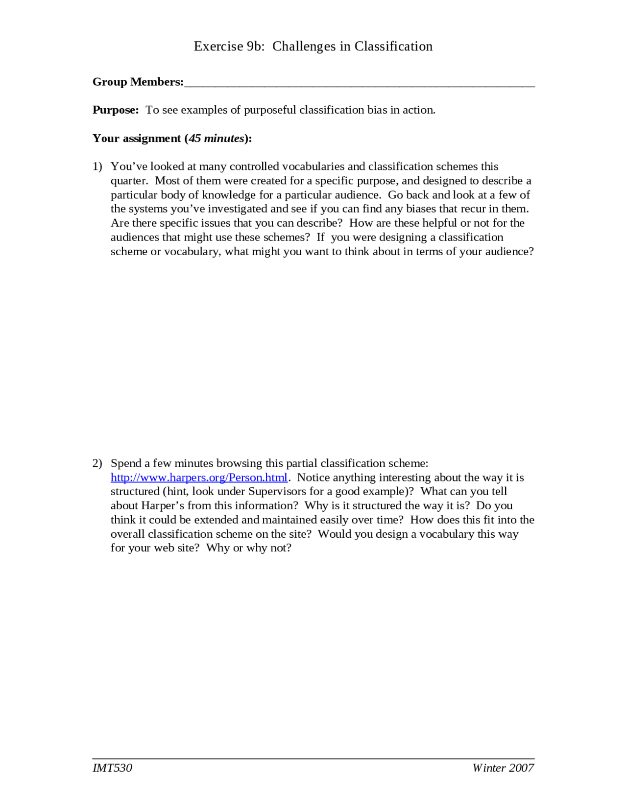 Assignment 9B - Challenges in Classification | IMT 530 - Docsity
