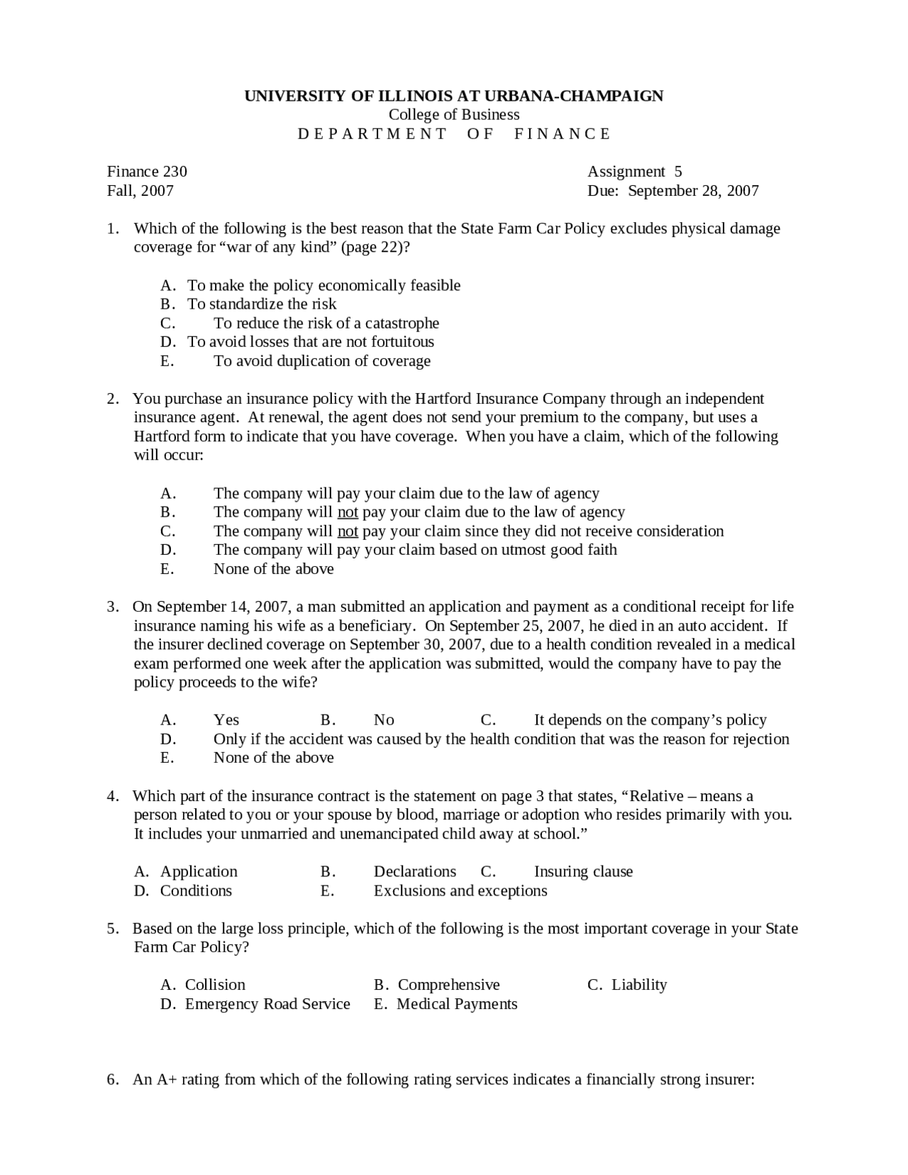 10 Problems On Introduction To Insurance Assignment 5 Fin 230 Docsity