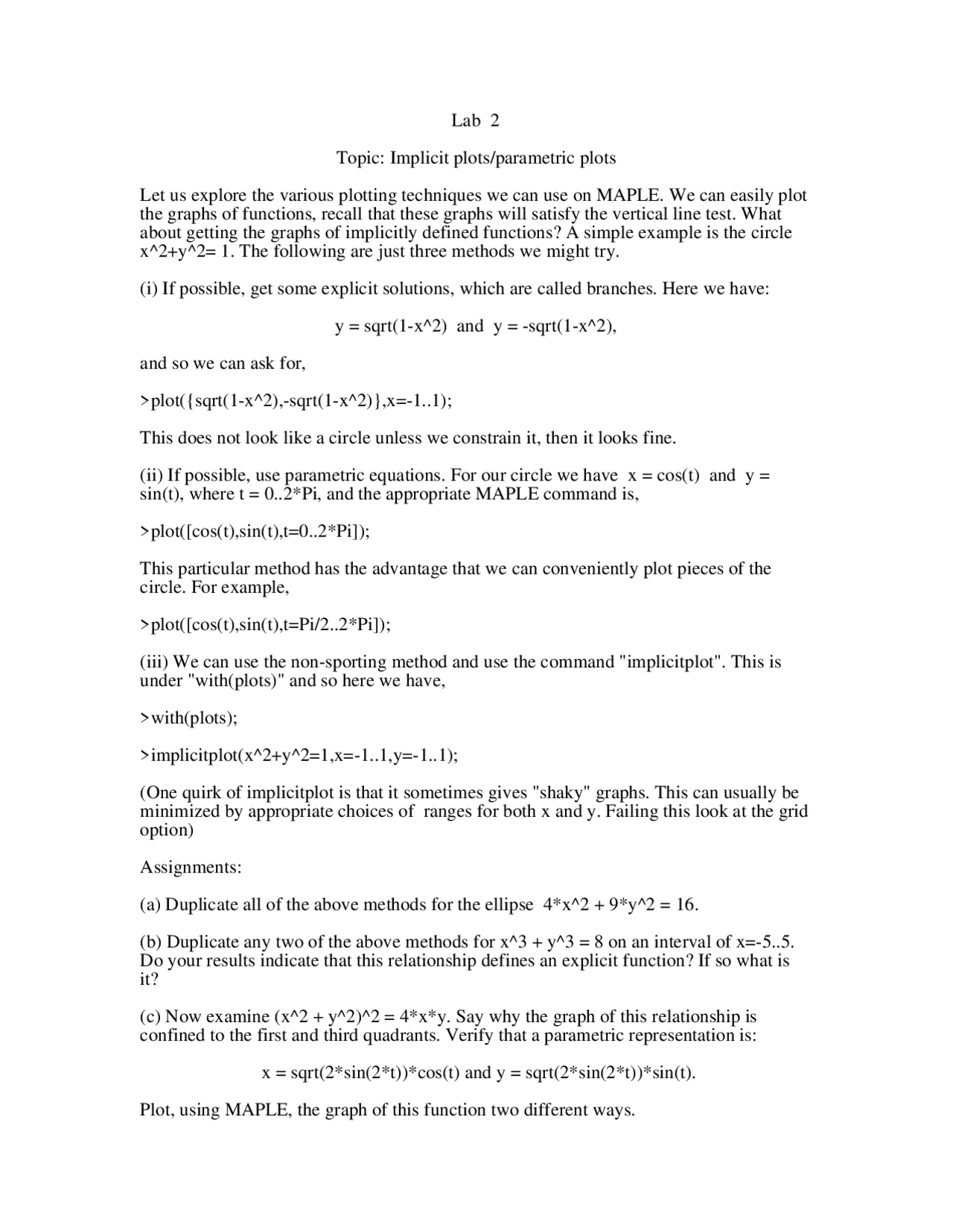 Lab 2 Implicit Plots And Parametric Plots Calculus I Ma 141 Docsity