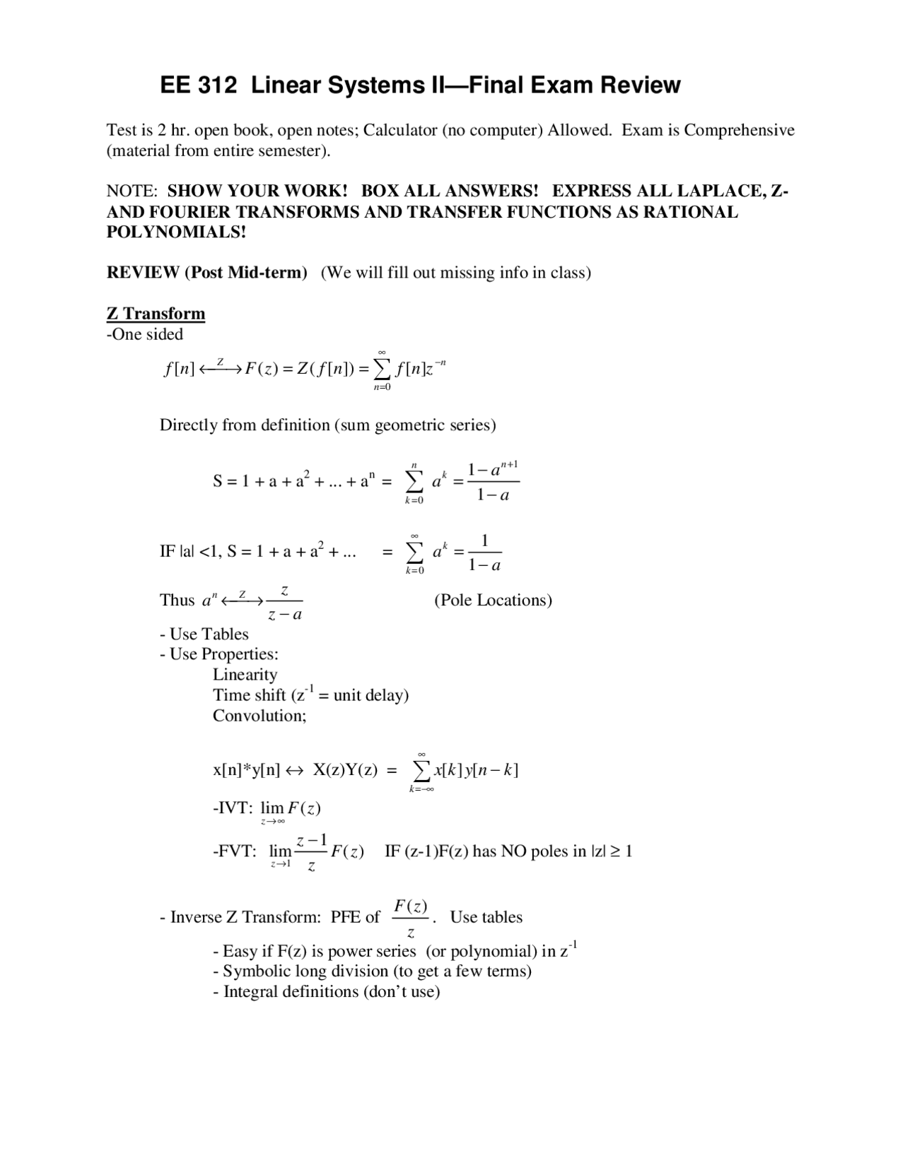 Notes On Linear System Analysis Ii Final Examination Ece 312 Docsity