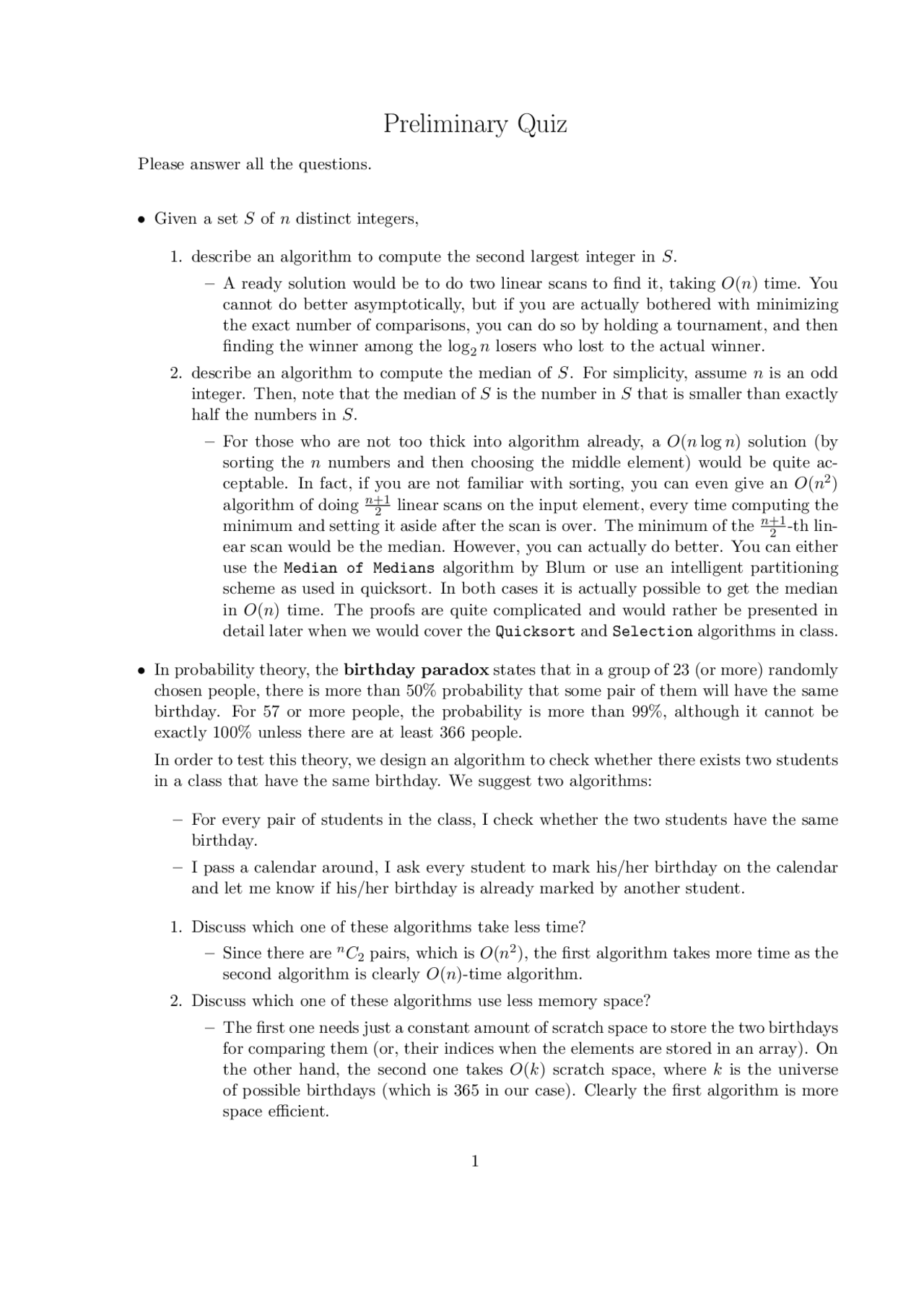 Analysis Of Algorithms Preliminary Quiz Cot 5405 Docsity