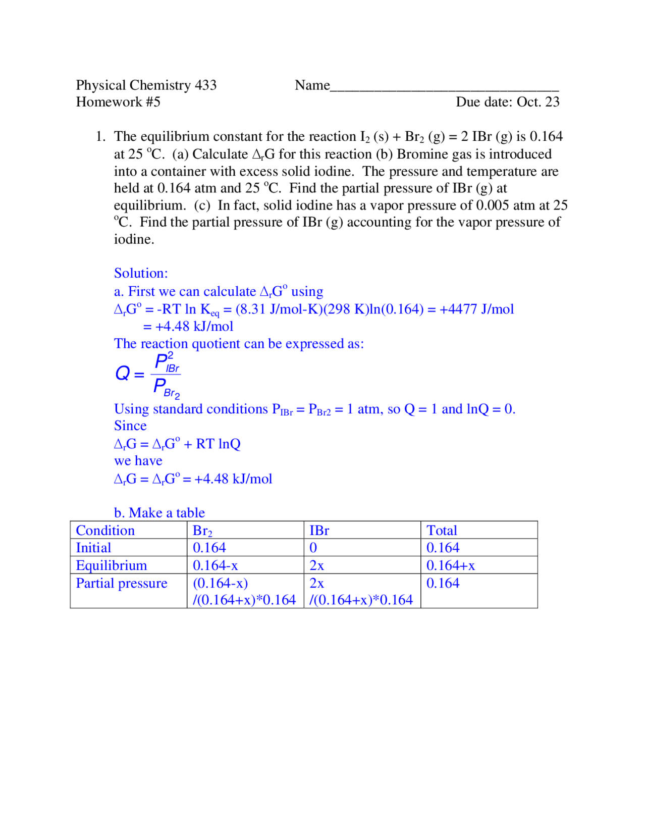 Assignment 5 With Solutions Physical Chemistry Ii Ch 433 Docsity