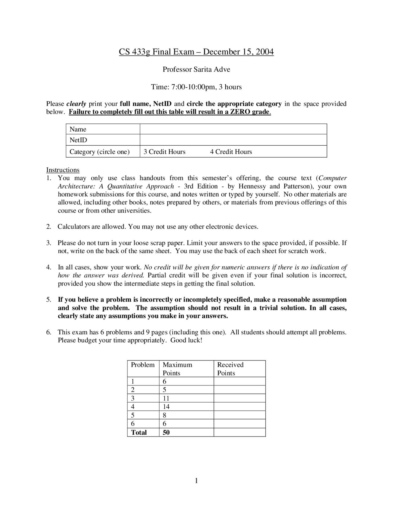 6 Solved Problems On Computer System Organization Final Exam Cs 433