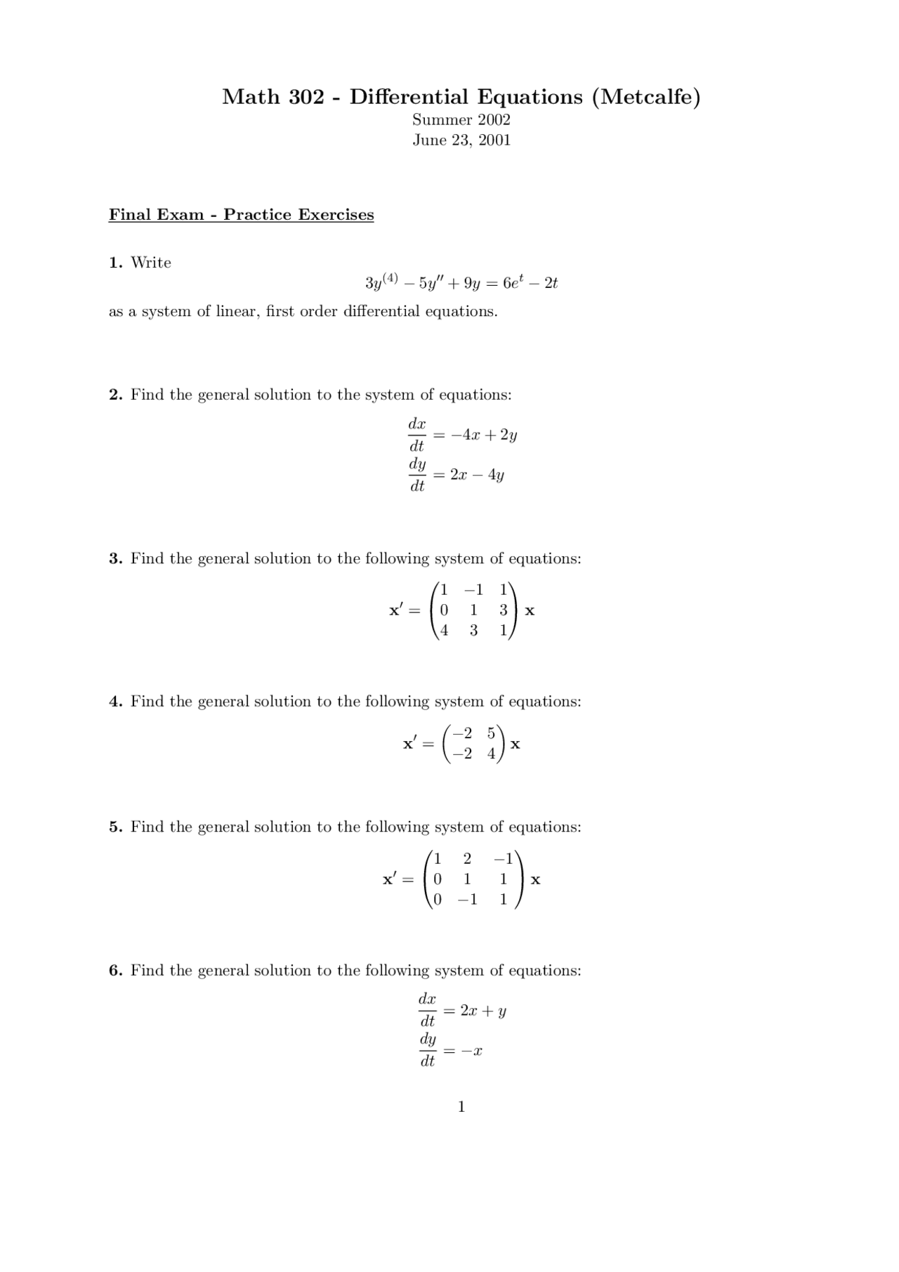 Practice Exercises Elementary Differential Equations Final Exam