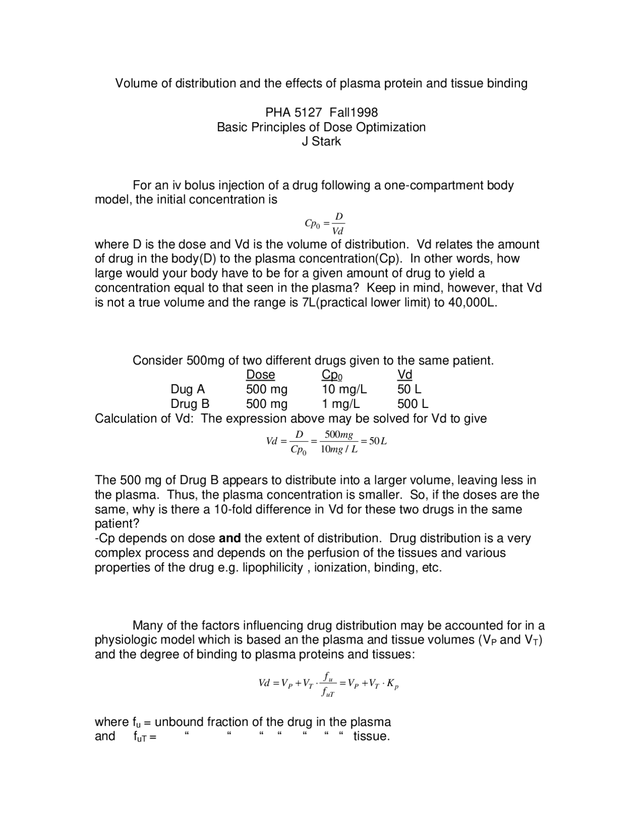 Volume of Distribution and Effects of Plasma Protein | PHA 5127 - Docsity
