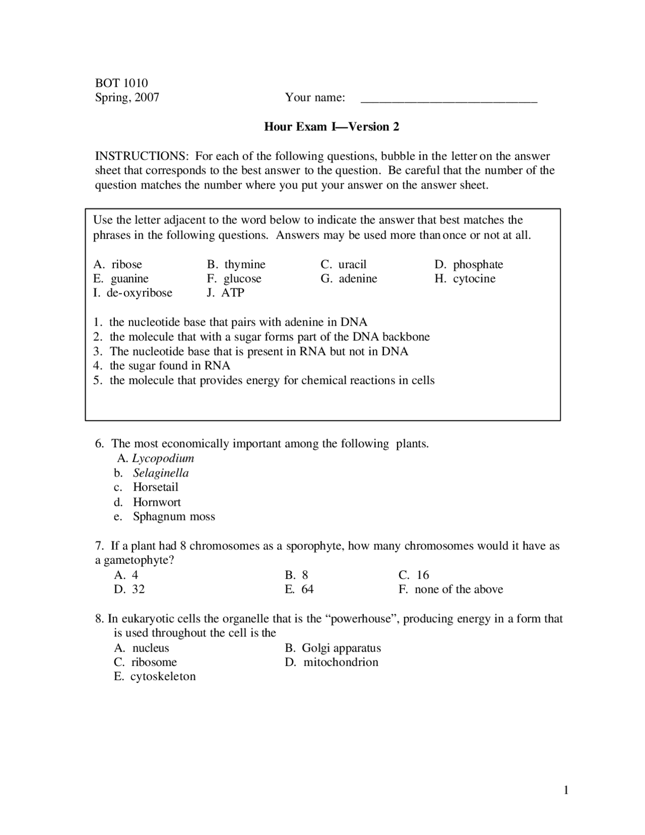 Exam 1 Version 2 Introductory Botany Bot 1010 Docsity