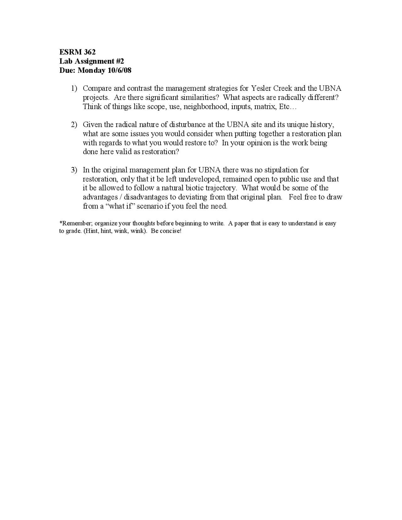 Lab Assignment 2 Introduction To Restoration Ecology Esrm 362 Docsity