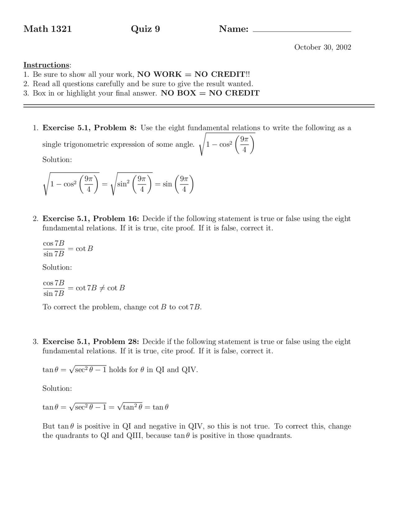 3 Problems on Trigonometry - Quiz 9 | MATH 1321 - Docsity
