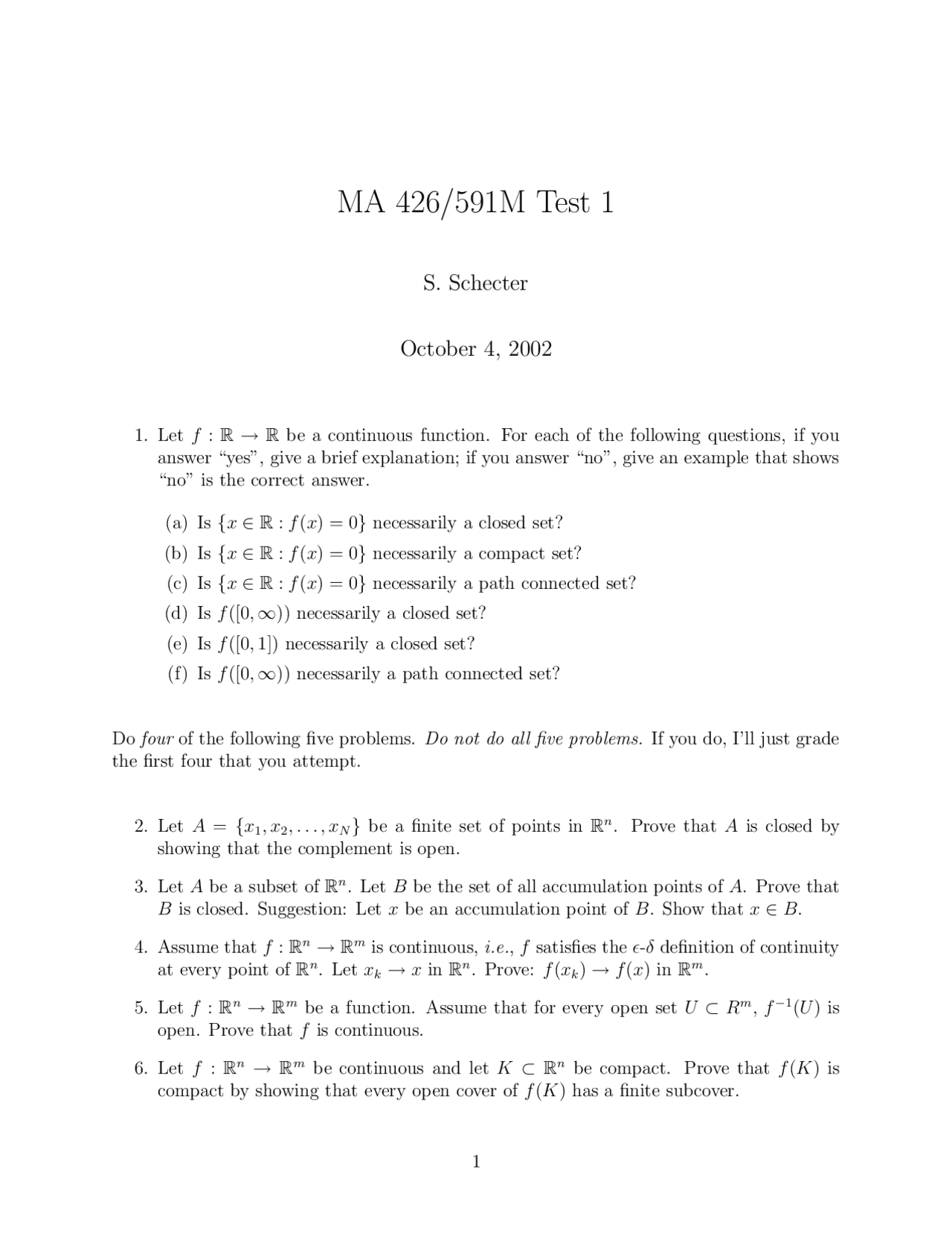 Test 1 Questions Mathematical Analysis Ii Ma 426 Docsity