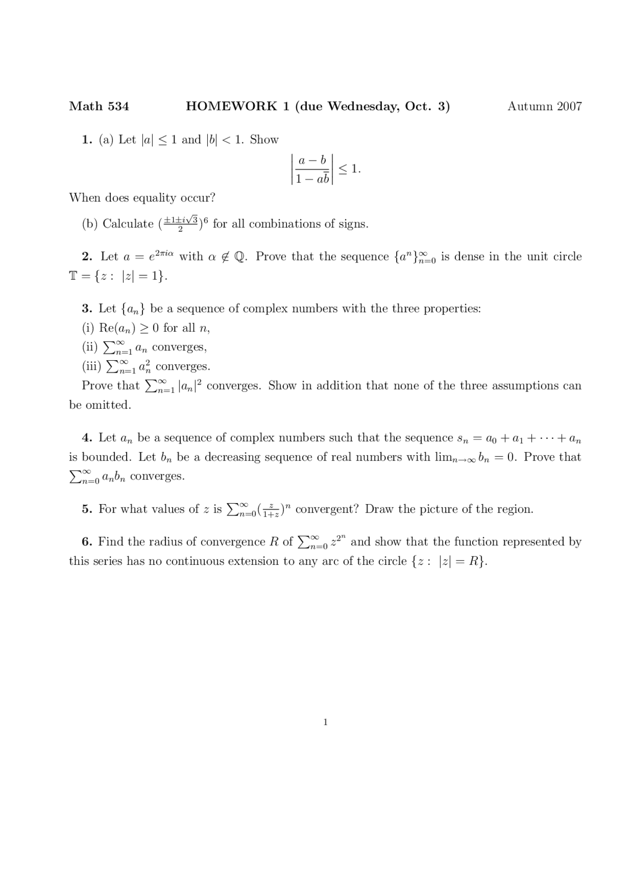 Homework 1 Unsolved Questions Complex Analysis Math 534 Docsity