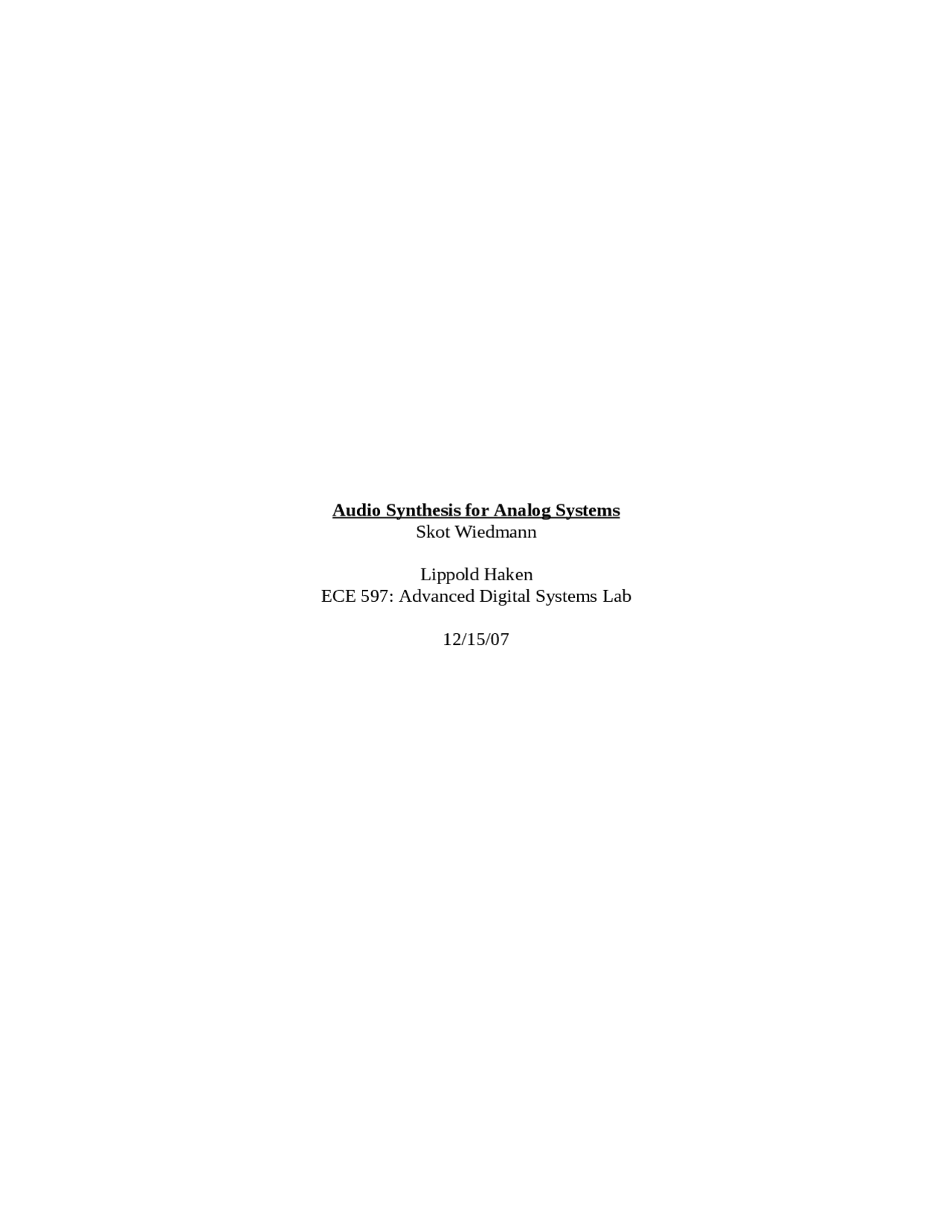 Audio Synthesis For The Analog Digital System Ece 597 Docsity