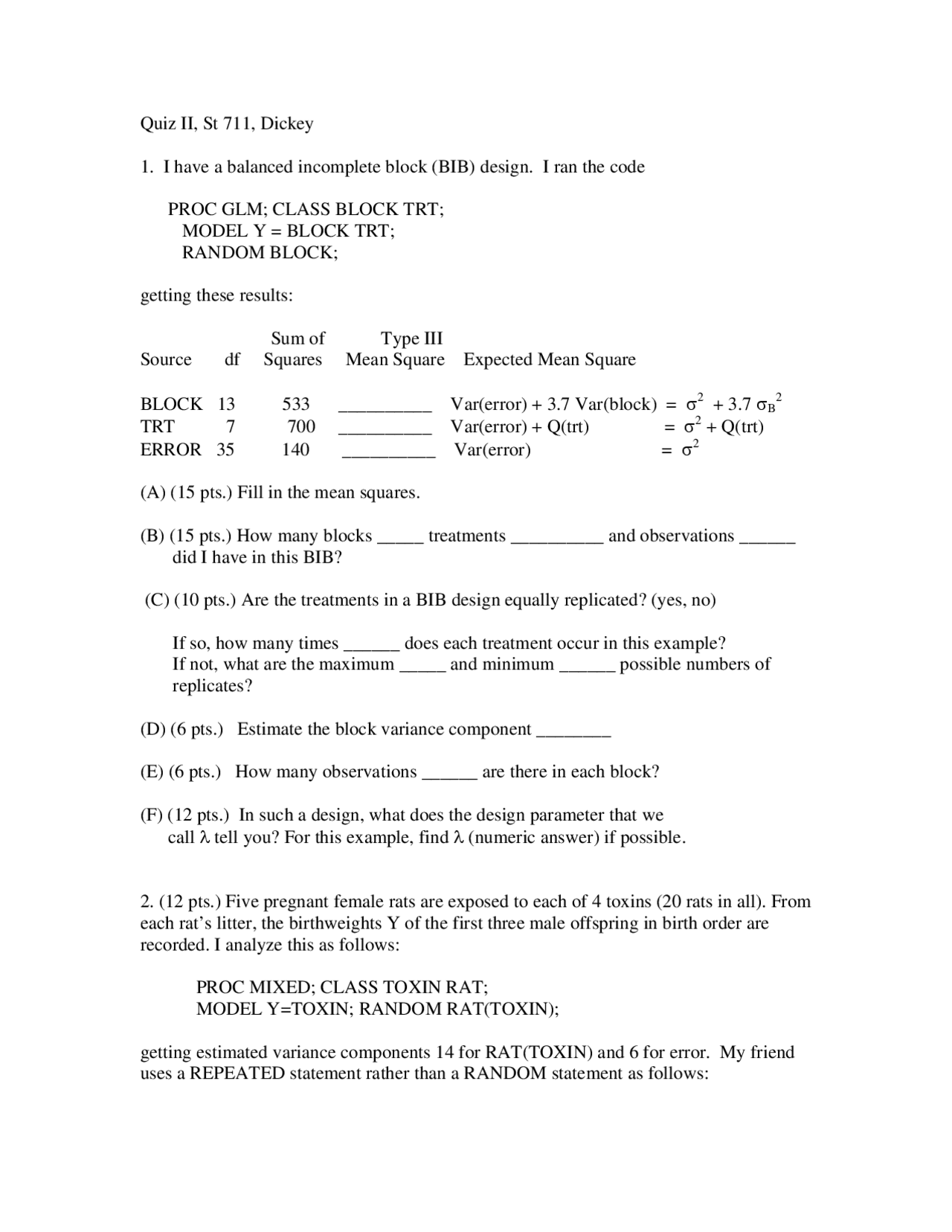 Quiz Ii For Design Of Experiments St 711 Docsity