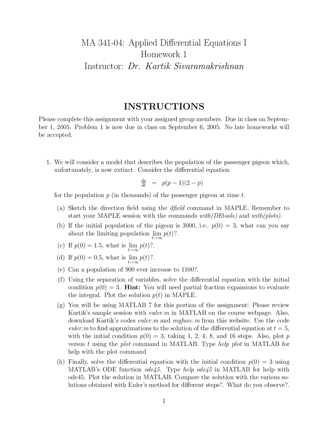 Assignment 1 Applied Differential Equations I Ma 341 Docsity