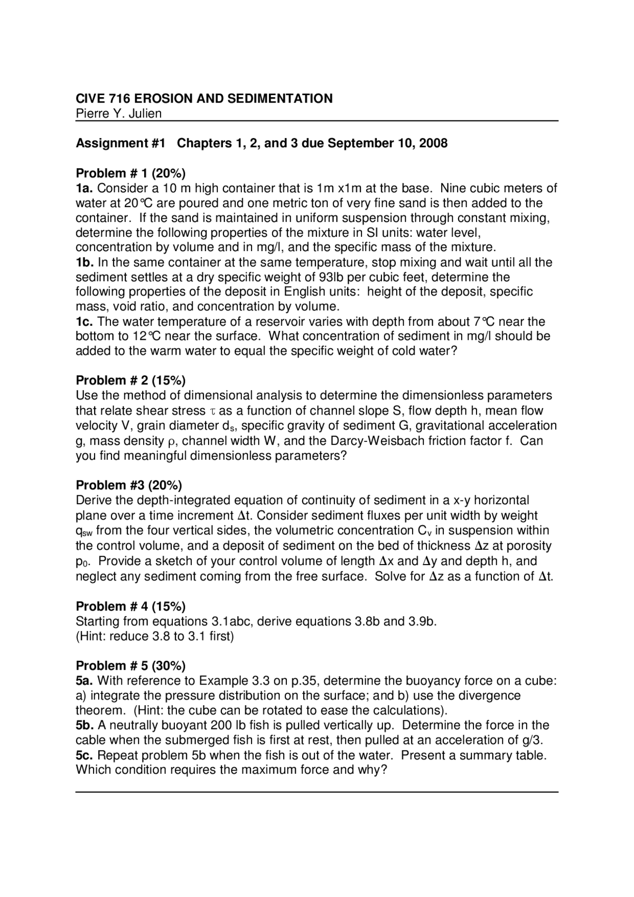 Erosion And Sedimentation Assignment 1 Problems Cive 716 Docsity