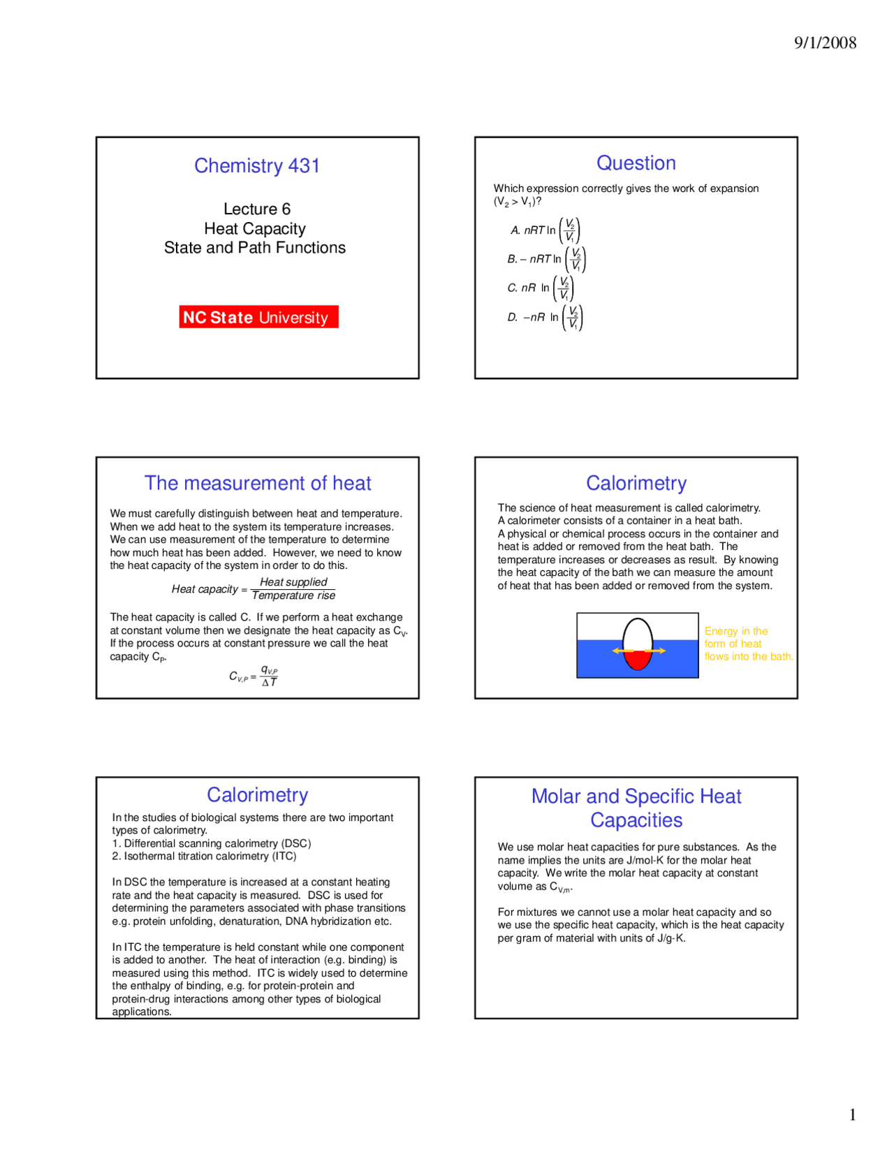 Heat Capacity State And Path Functions Lecture Slides Ch 431 Docsity