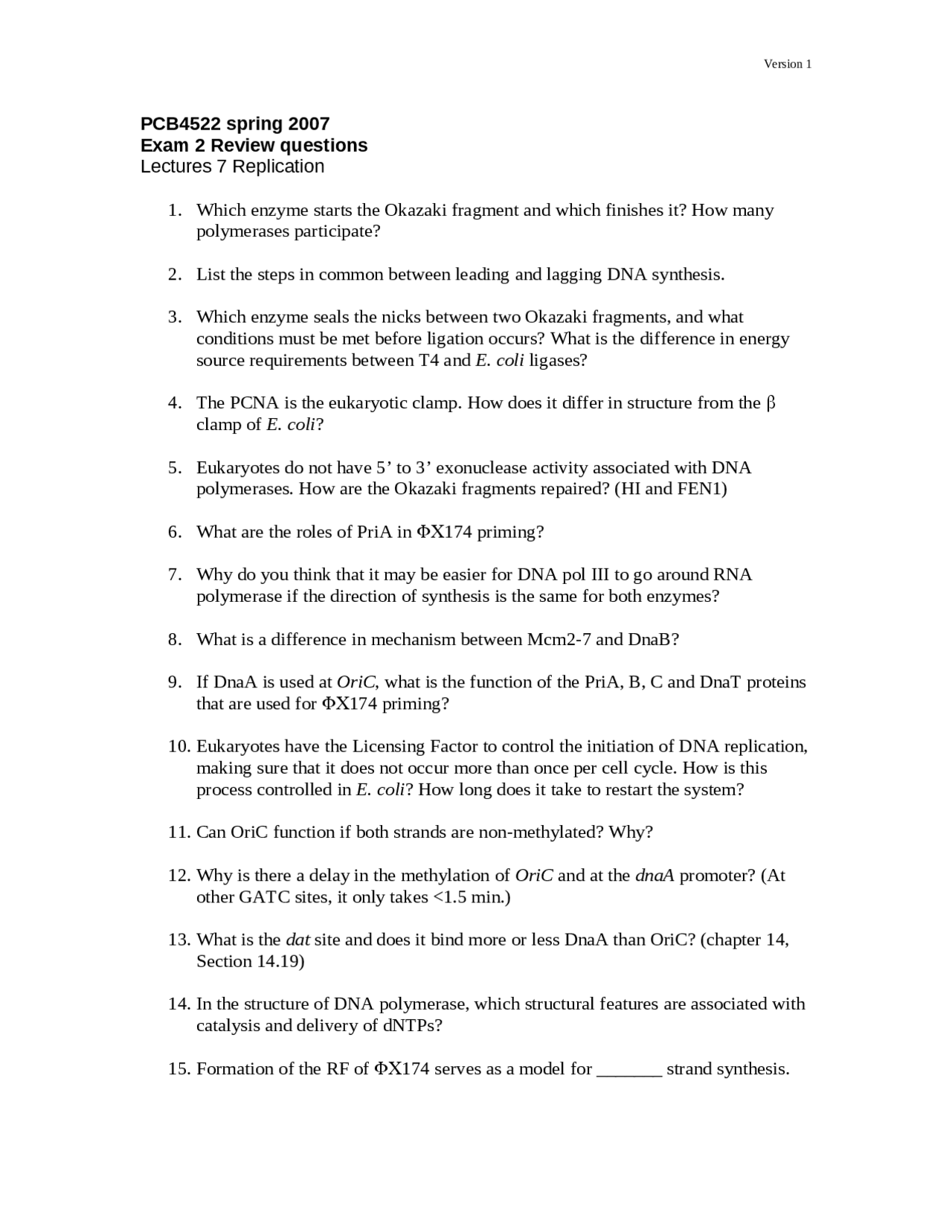 Exam 2 Review Questions Molecular Genetics Pcb 4522 Docsity