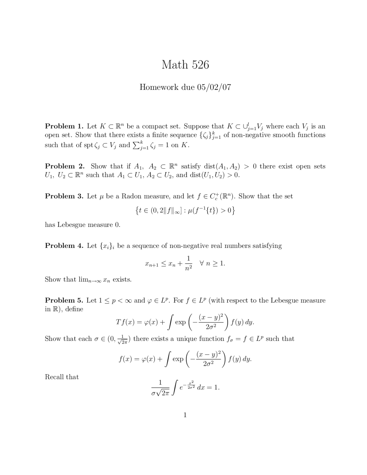 Math 526 Homework: Compact Sets, Radon Measures, and Sequences | Assignments Mathematical ...
