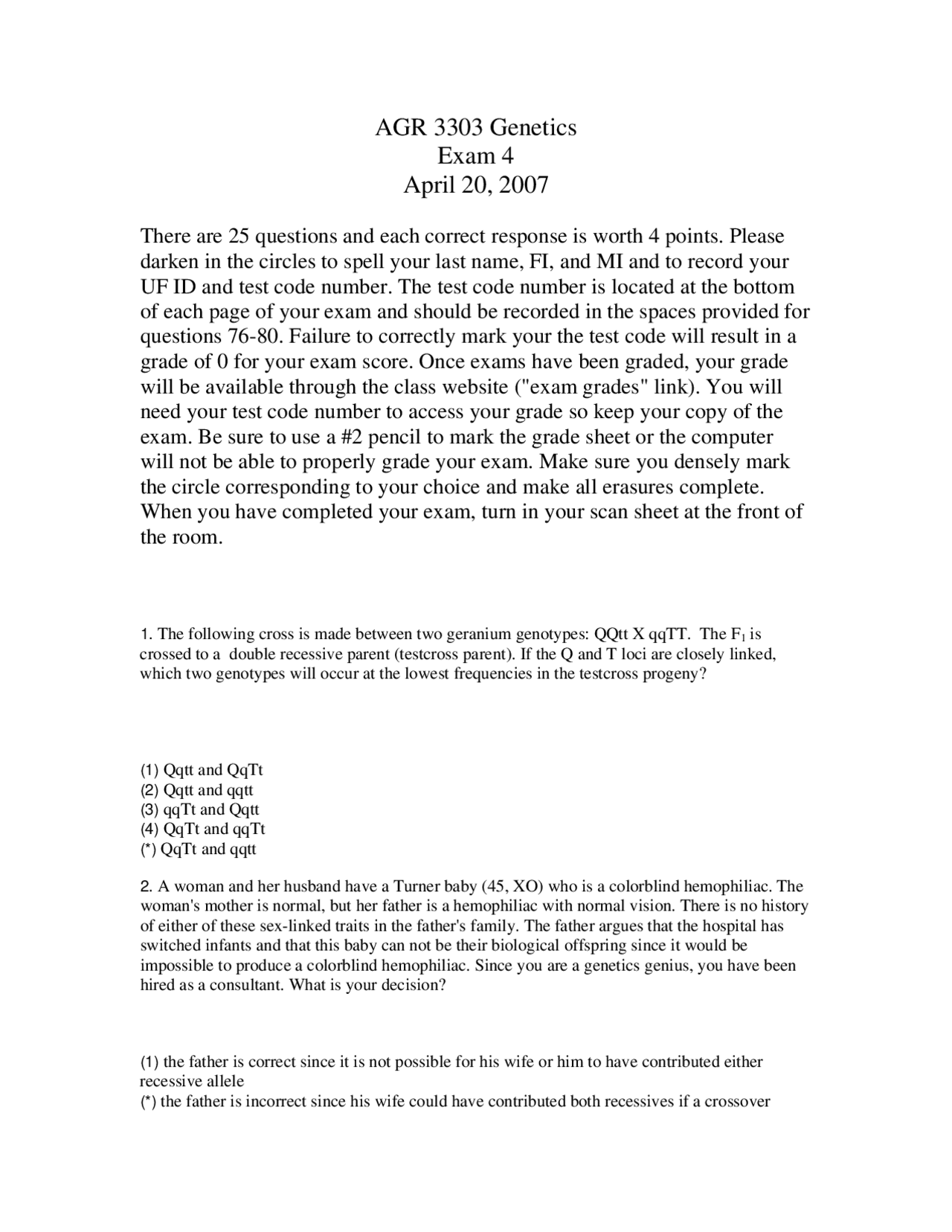 Genetics Practice Questions For Exam 4 Agr 3303 Docsity