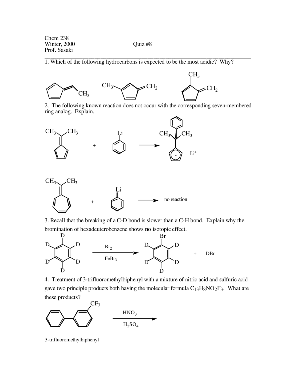 Quiz 8 Problems - Organic Chemistry - Winter 2000 | CHEM 238 - Docsity