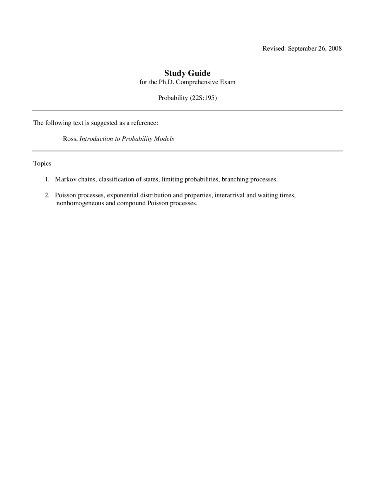 Study Guide for Comprehensive Exam - Probability and Stochastic Processes I | 22S 195 - Docsity