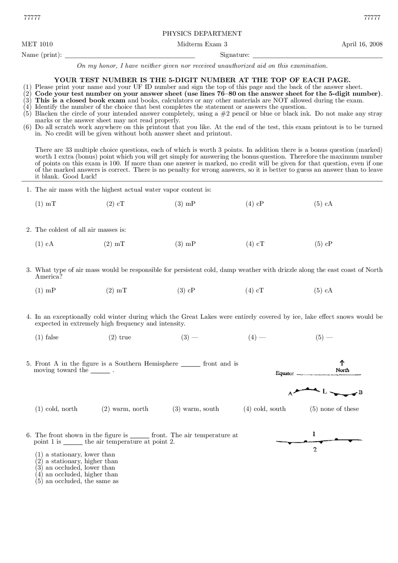 Midterm Exam 3 Introduction To Weather Met 1010 Docsity