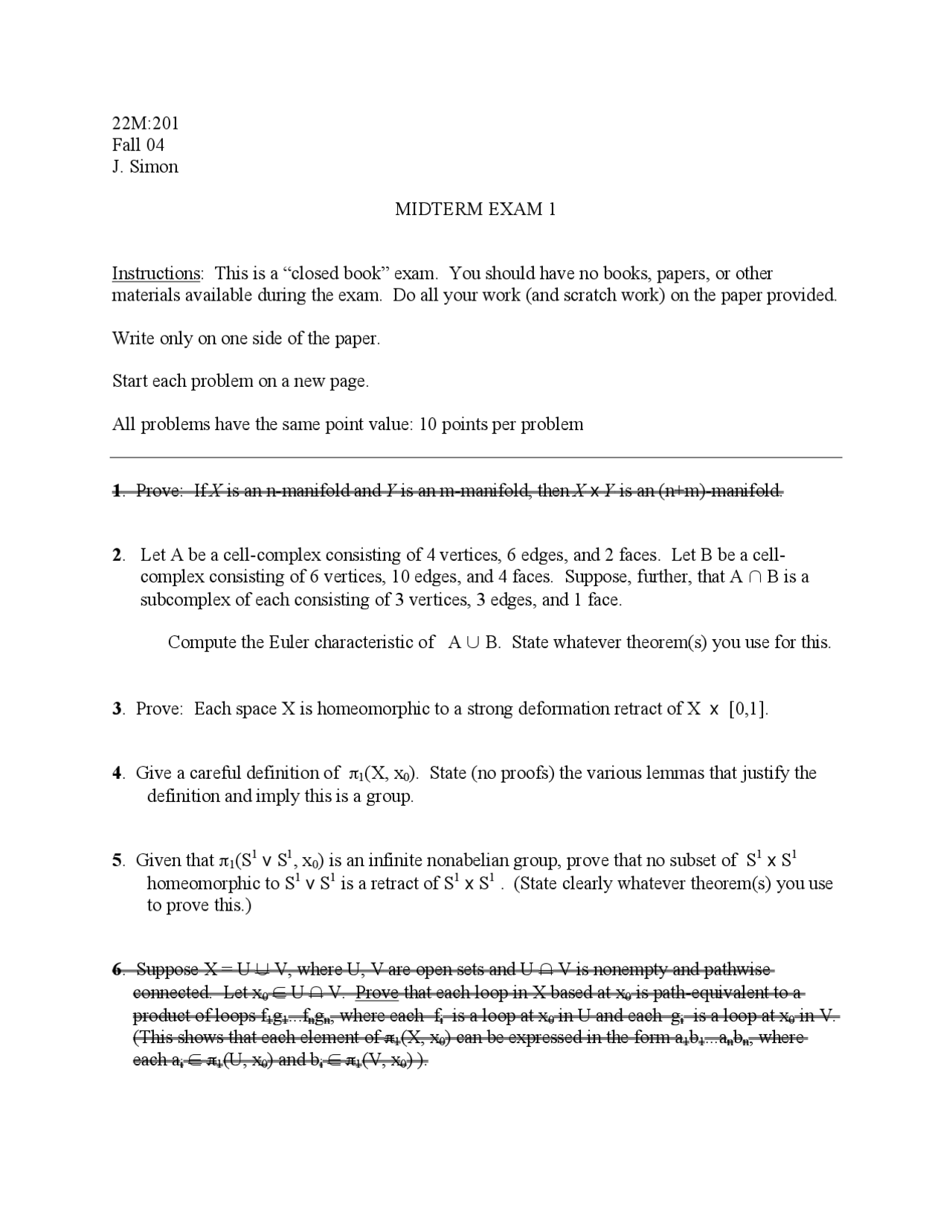 Midterm Exam 1 Introduction To Algebraic Topology 22m 201 Docsity